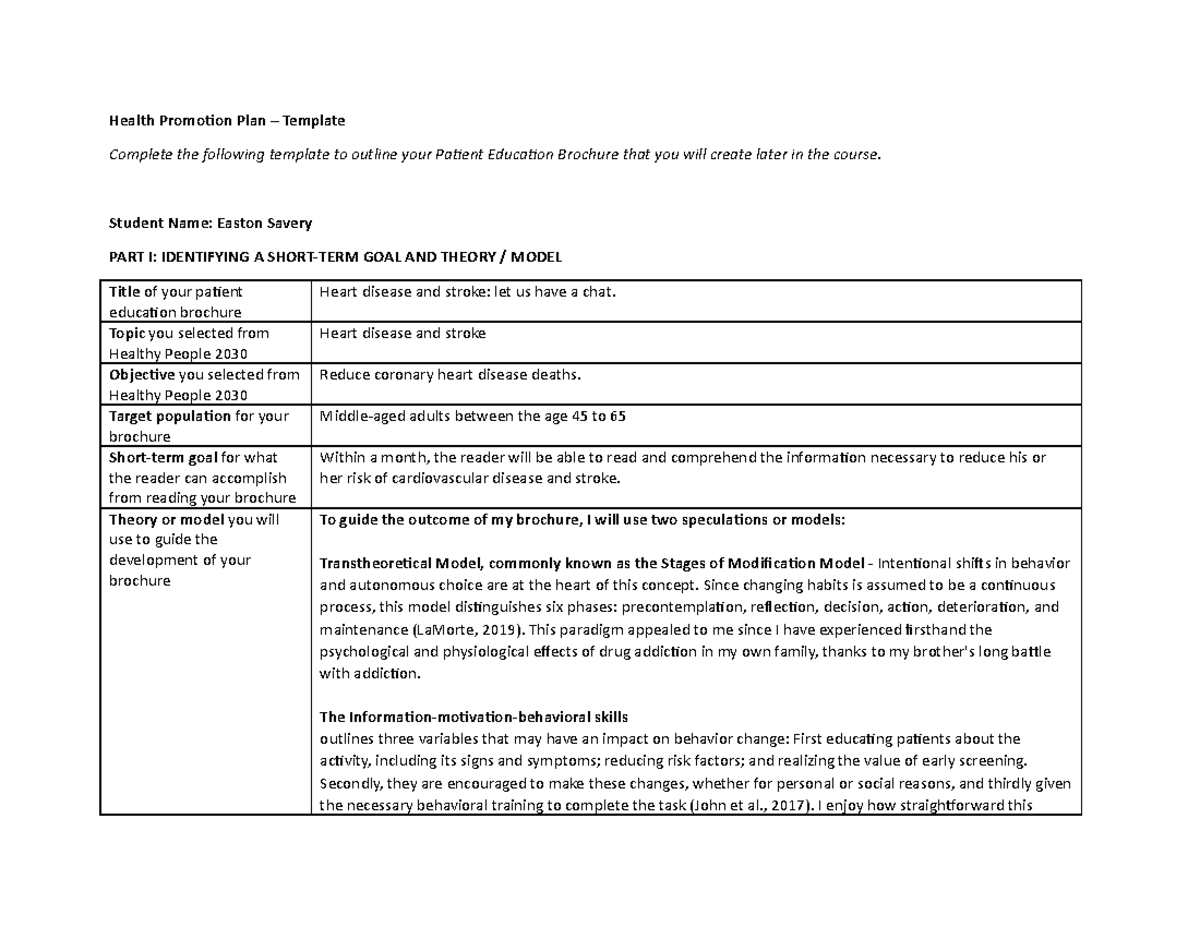 Health Promotion Plan Template for Heart Disease (HLTH 101) - Studocu