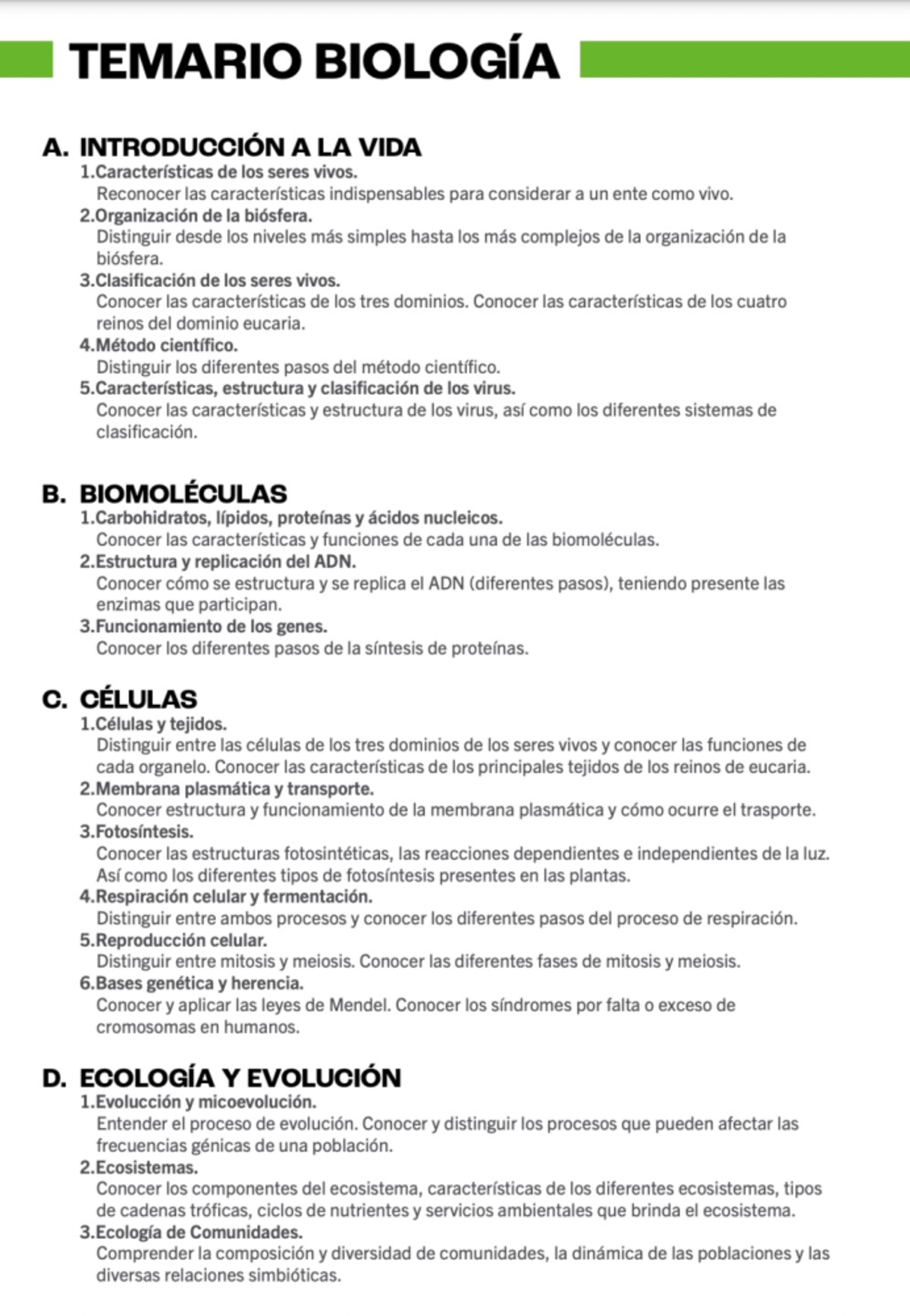 Biología temas para examen - TEMARIO BIOLOGÍA A. INTRODUCCIÓN A LA VIDA ...
