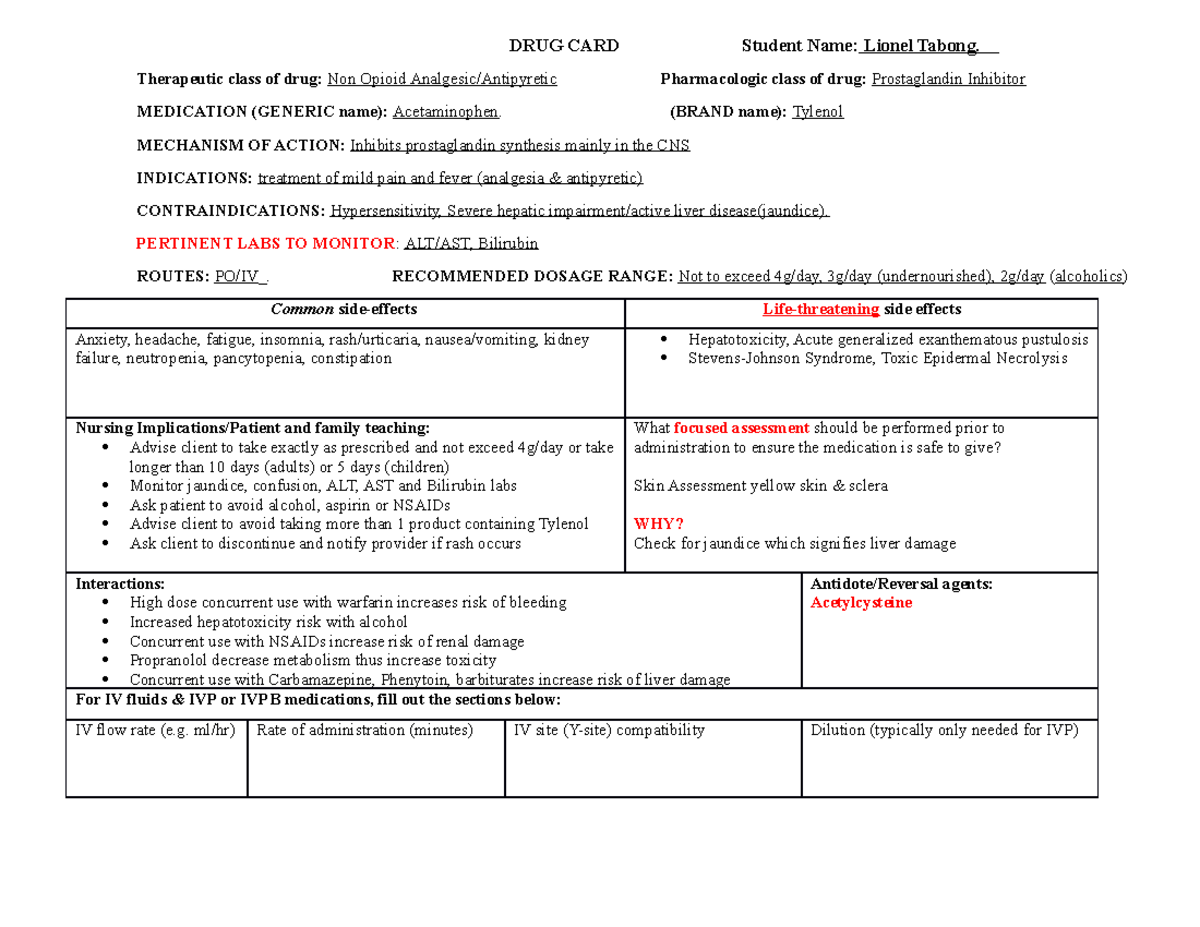 Acetaminophen Drug Card - DRUG CARD Student Name: Lionel Tabong ...