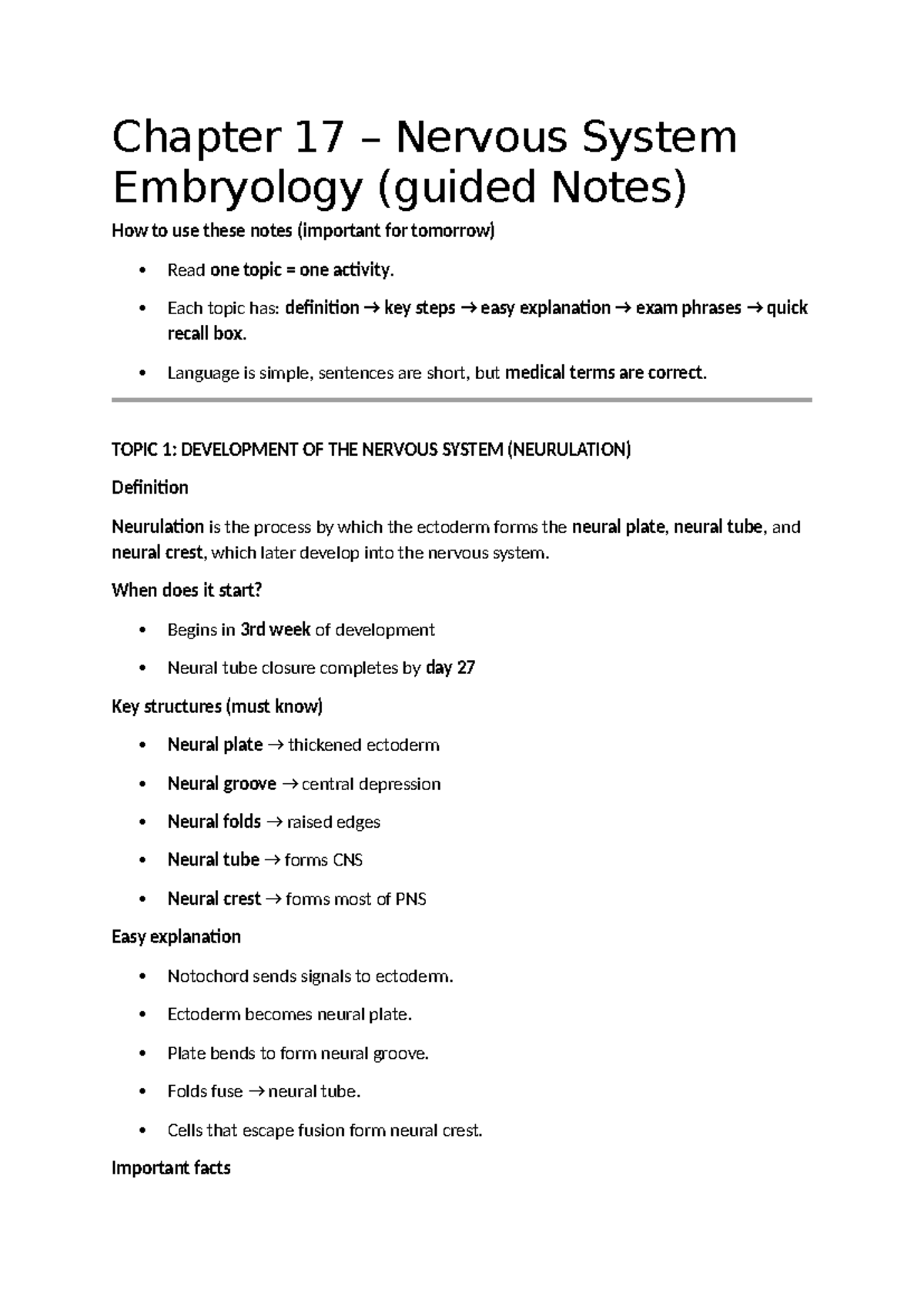 Chapter 17 – Nervous System Embryology (Guided Notes) - Studocu