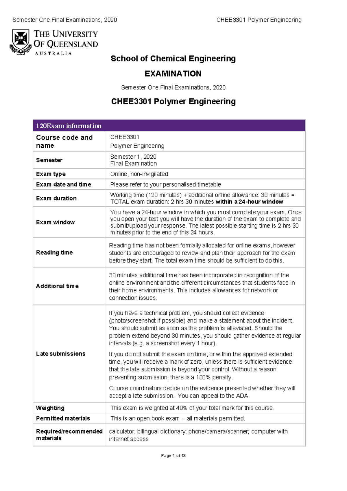 2020 S1 CHEE3301 Polymer Engineering Final Examination solutions ...