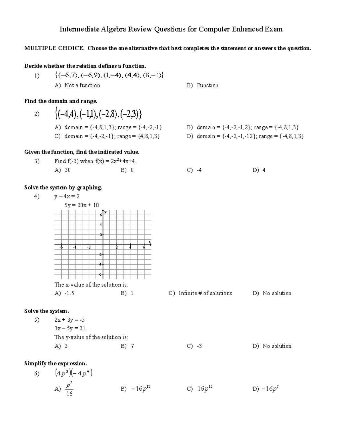 Intermediate Algebra Review Questions for Exam 1 - Studocu