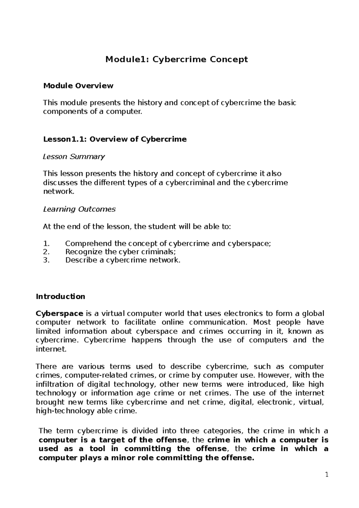 Cybercrime Concepts: Notes on Module 1 and Lesson 1.1 - Studocu