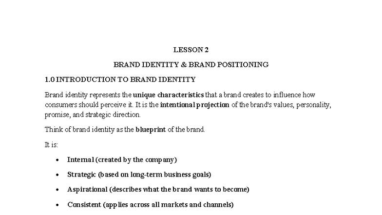 Lesson 2 - Brand Identity & Positioning Analysis - Studocu