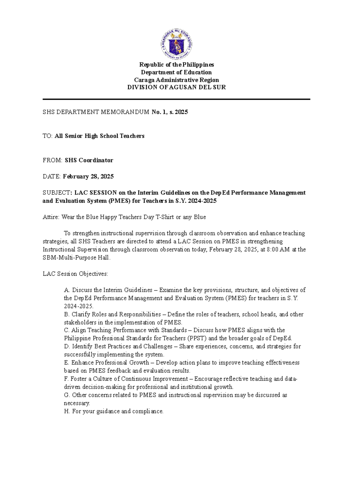 LAC Session Minutes on PMES for SHS Teachers (SY 2025) - Studocu