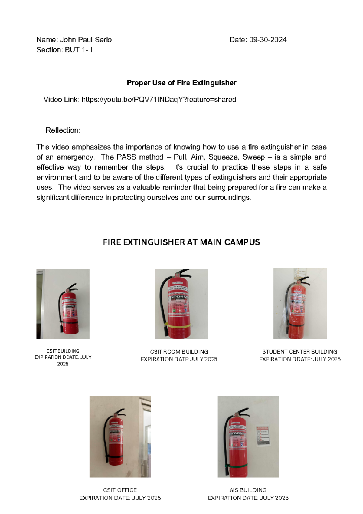 Proper Use of Fire Extinguisher - Name: John Paul Serio Date: 09-30 ...