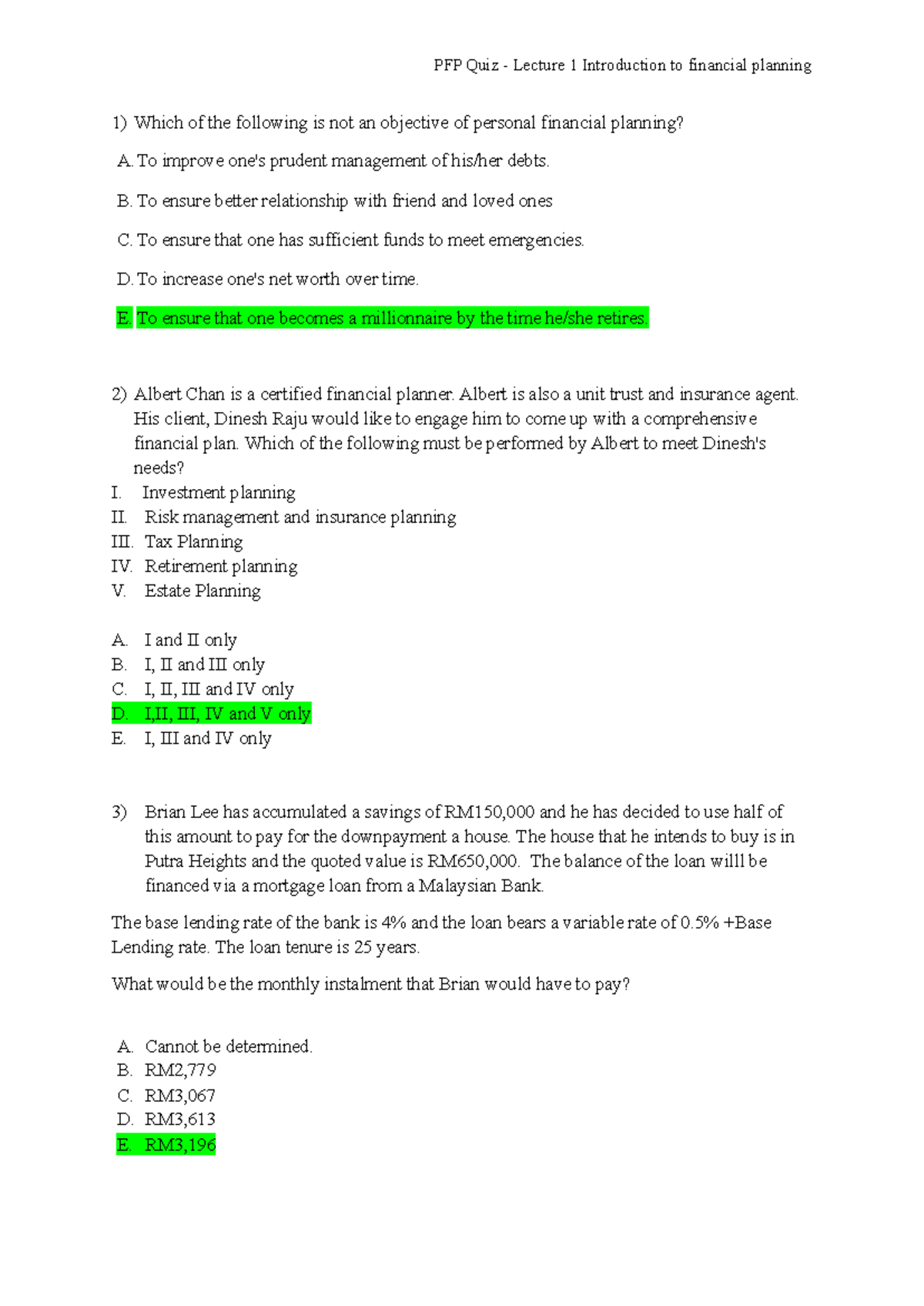 PFP Quiz - Lecture 1 Introduction to financial planning - To improve ...