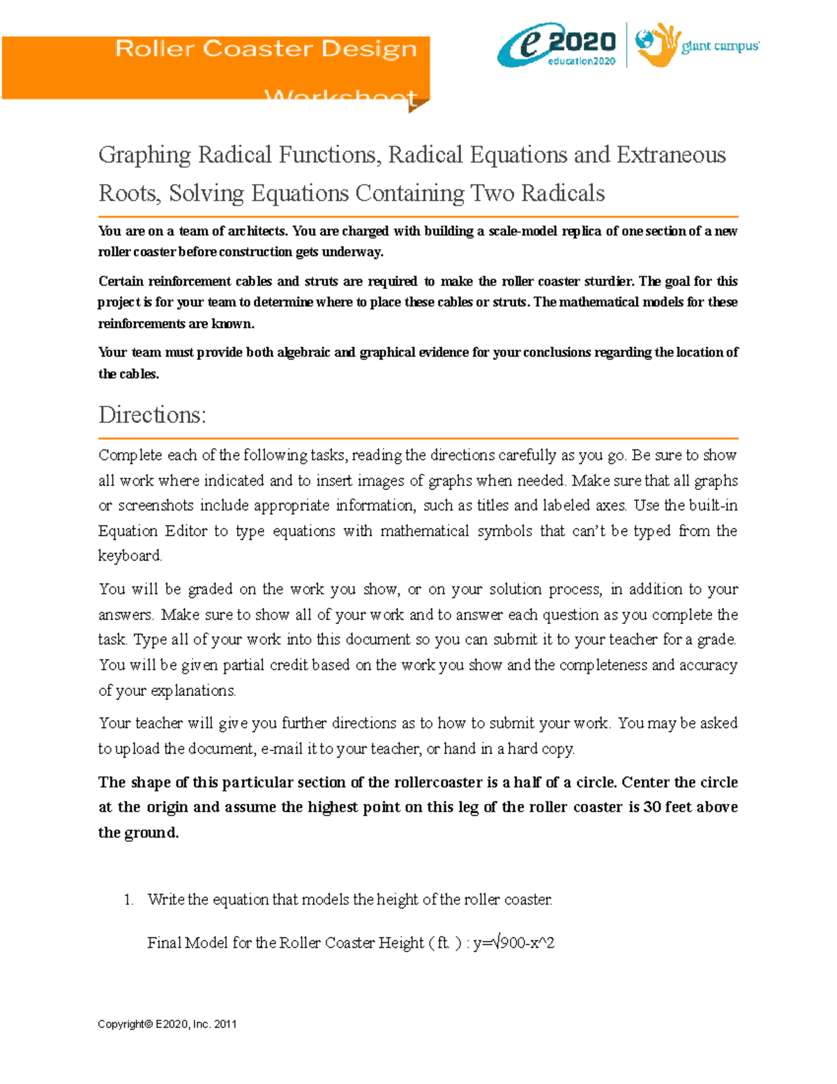 E2020 MATH: Graphing Radical Functions & Roller Coaster Model Analysis ...