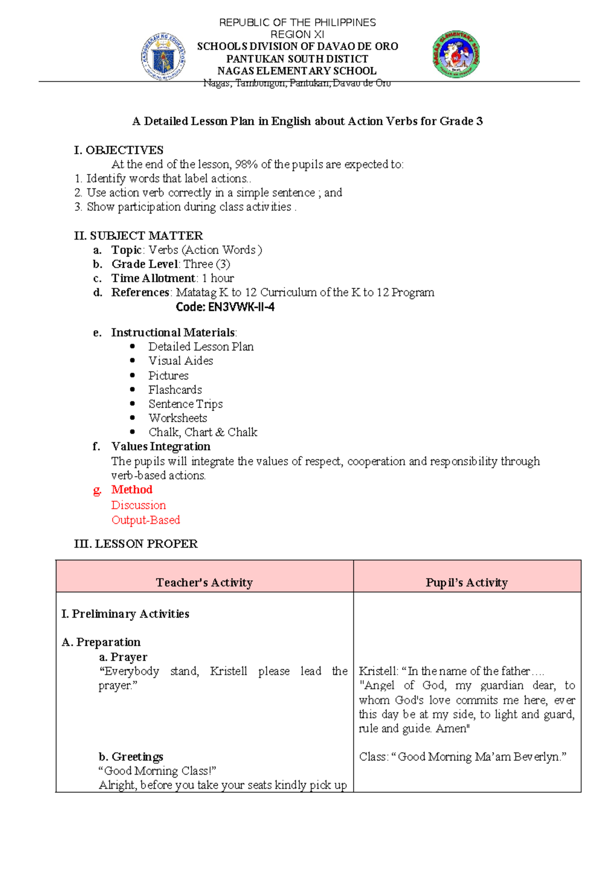 Detailed Lesson Plan on Action Verbs for Grade 3 - COT LP^J - Studocu