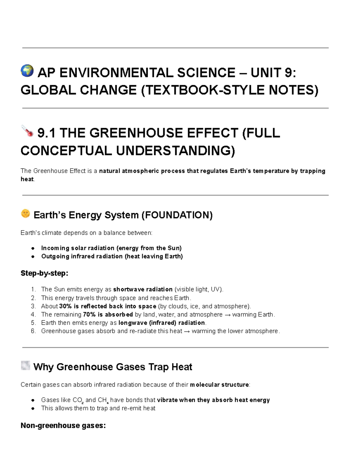 AP ENVIRONMENTAL SCIENCE UNIT 9.1: THE GREENHOUSE EFFECT & CARBON CYCLE ...