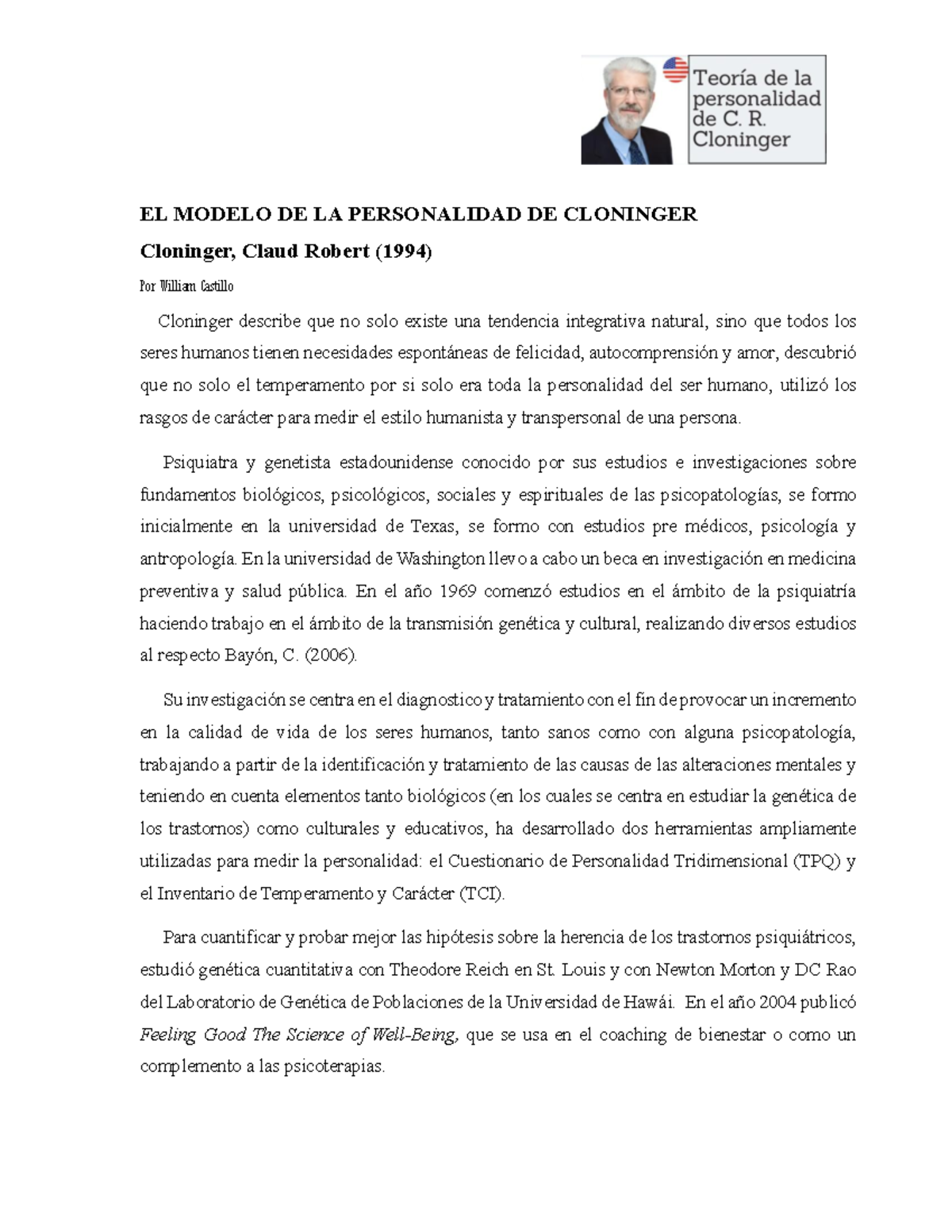Reseña del Modelo de Personalidad de Cloninger - Psicología 101 - Studocu