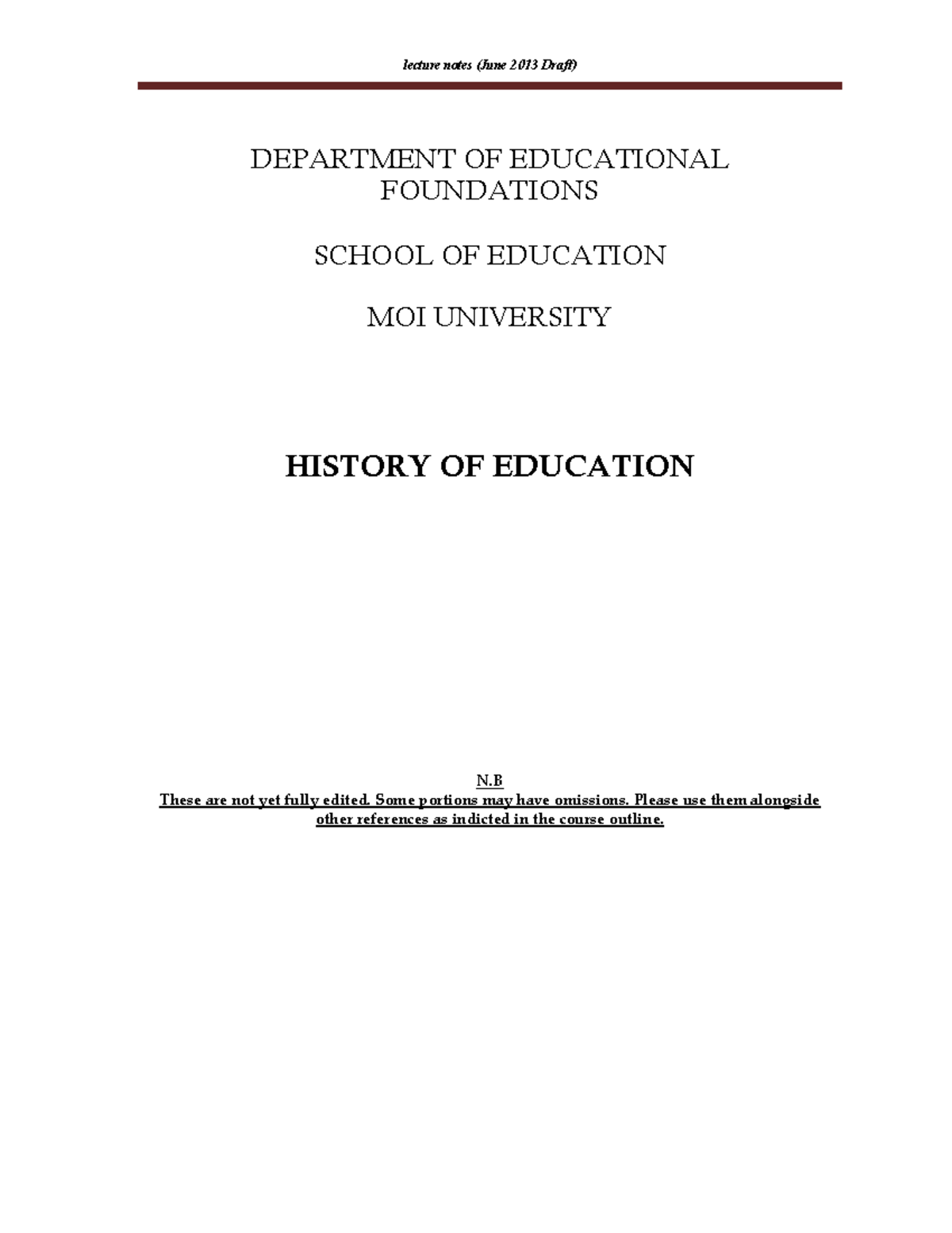 History of Education Lecture Notes - Draft Copy March 2014 - DEPARTMENT ...