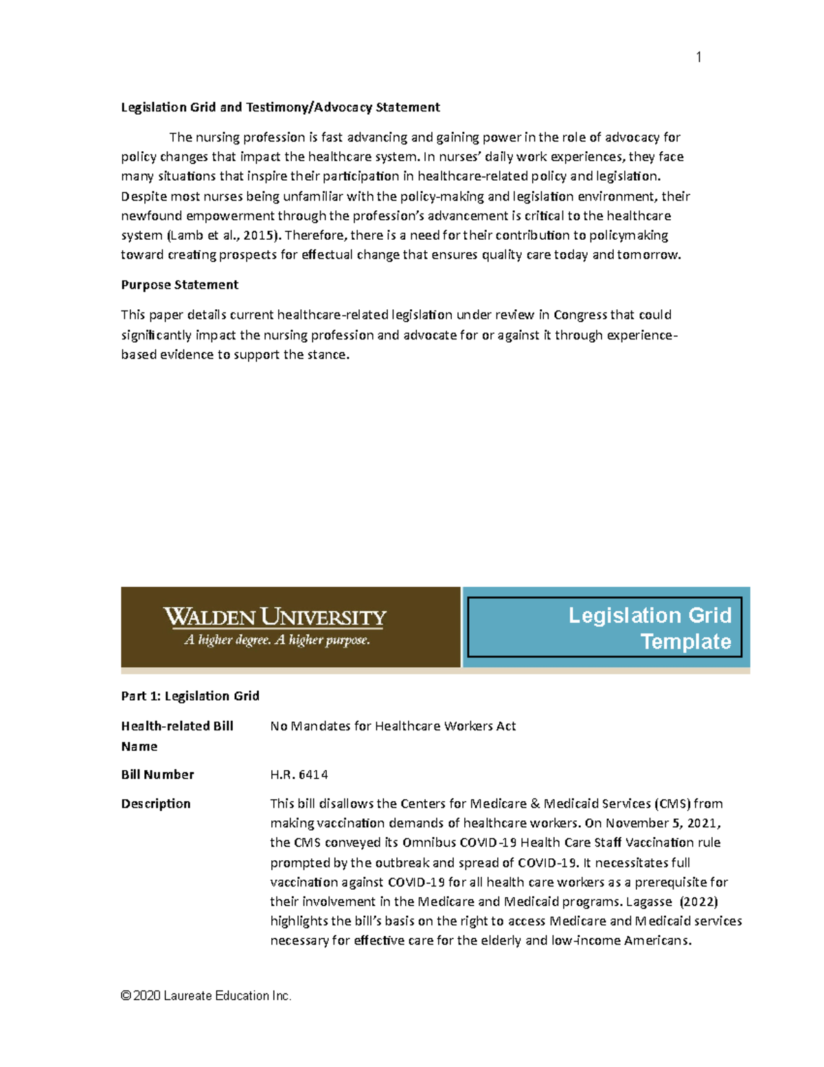 Nursing Advocacy and Legislation Grid: Impacts of H.R. 6414 - Studocu