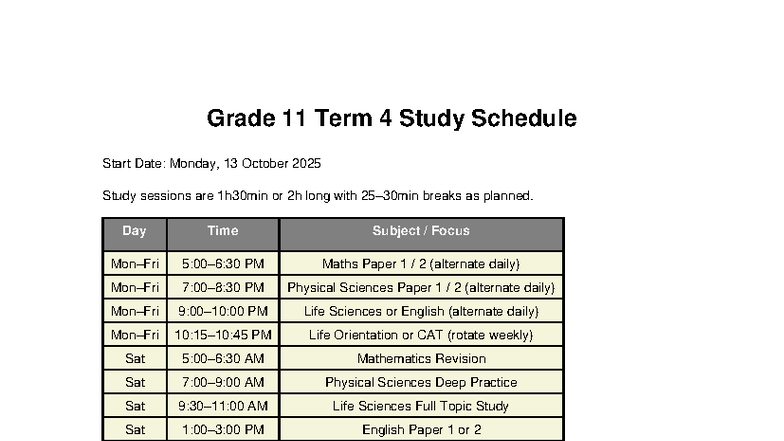 Grade 11 Term 4 Study Schedule: Study Plan & Focus Areas - Studocu