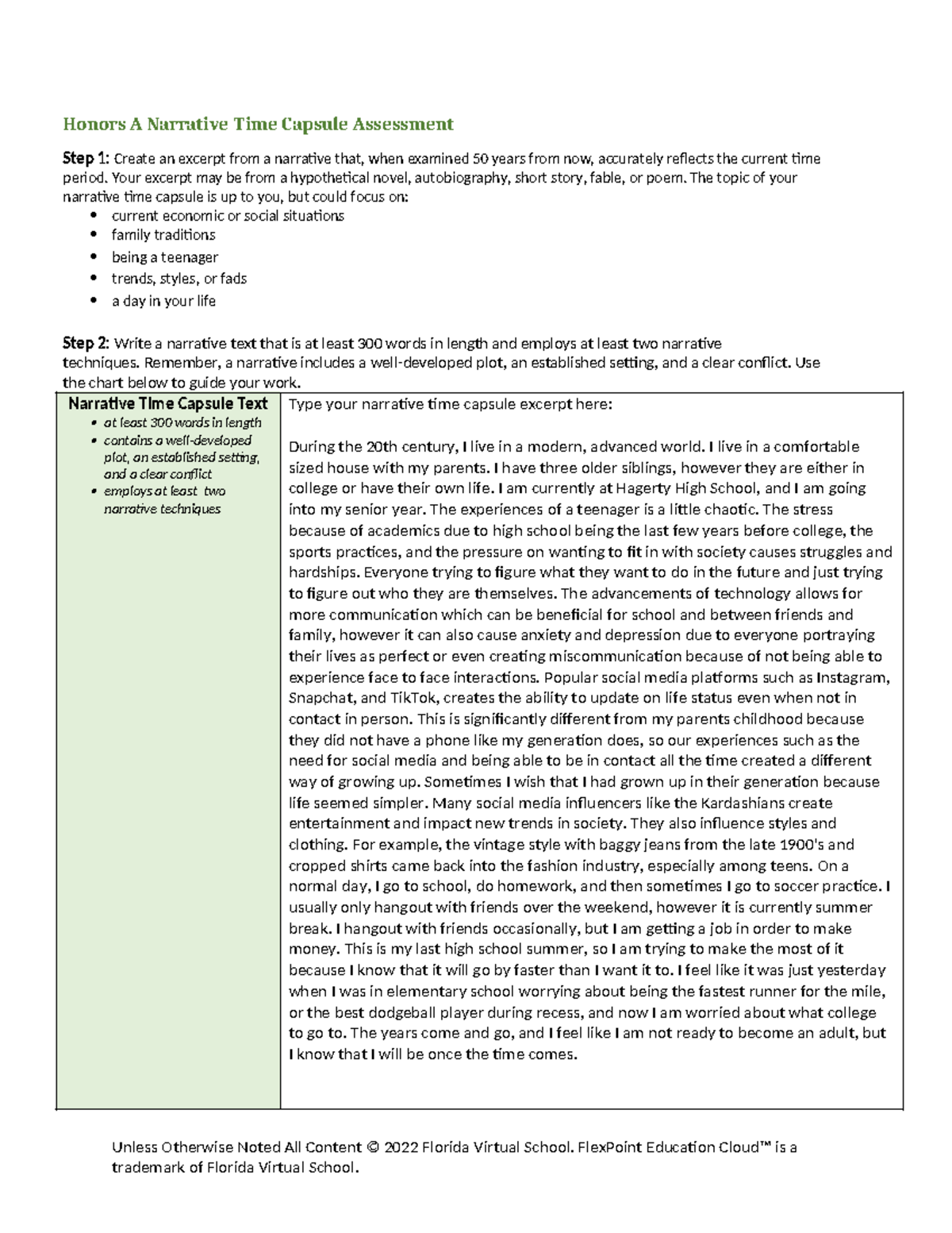 Narrative time capsule assess rubric - Honors A Narrative Time Capsule ...