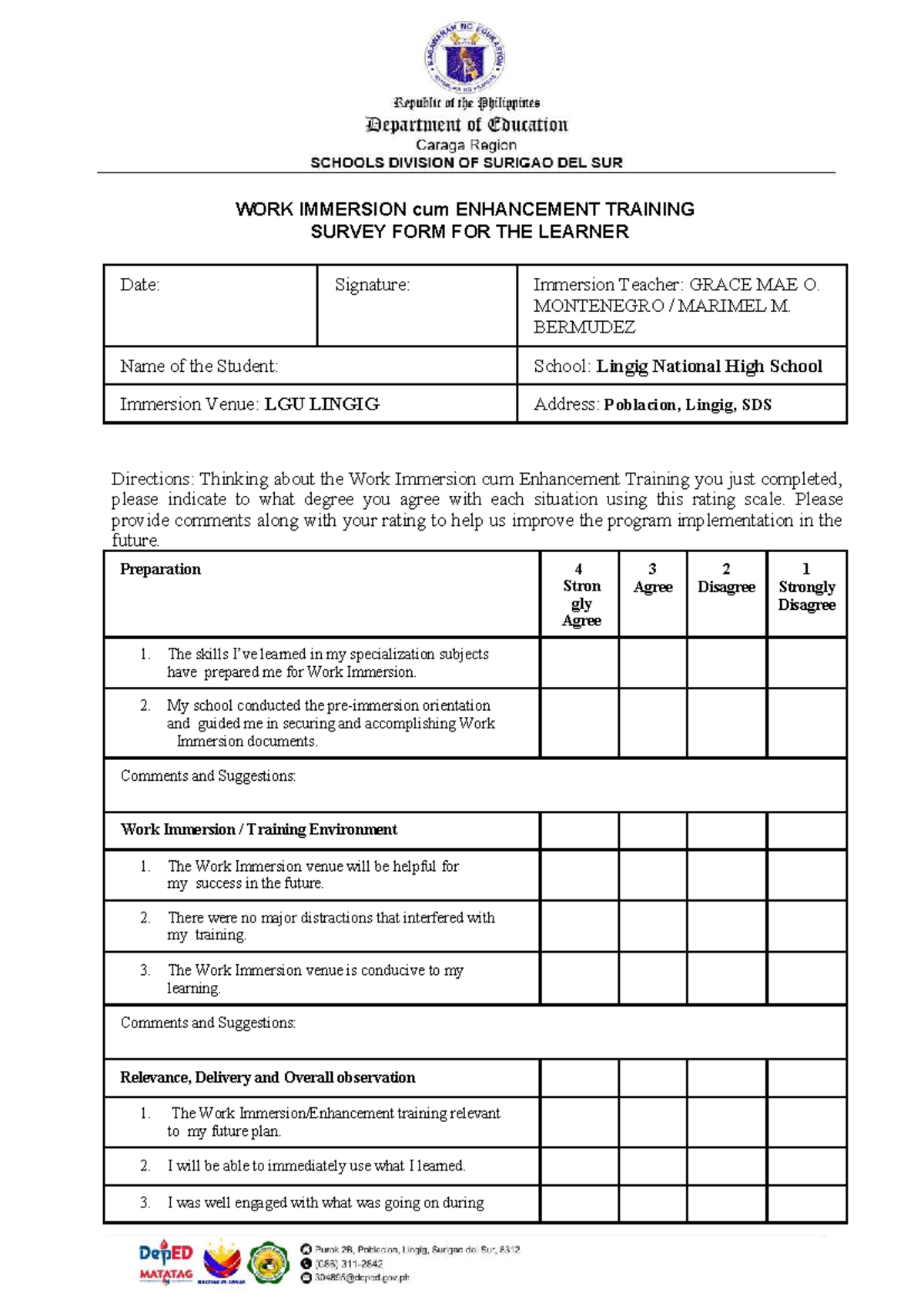 WORK IMMERSION CUM ENHANCEMENT TRAINING EVALUATION SURVEY - Studocu