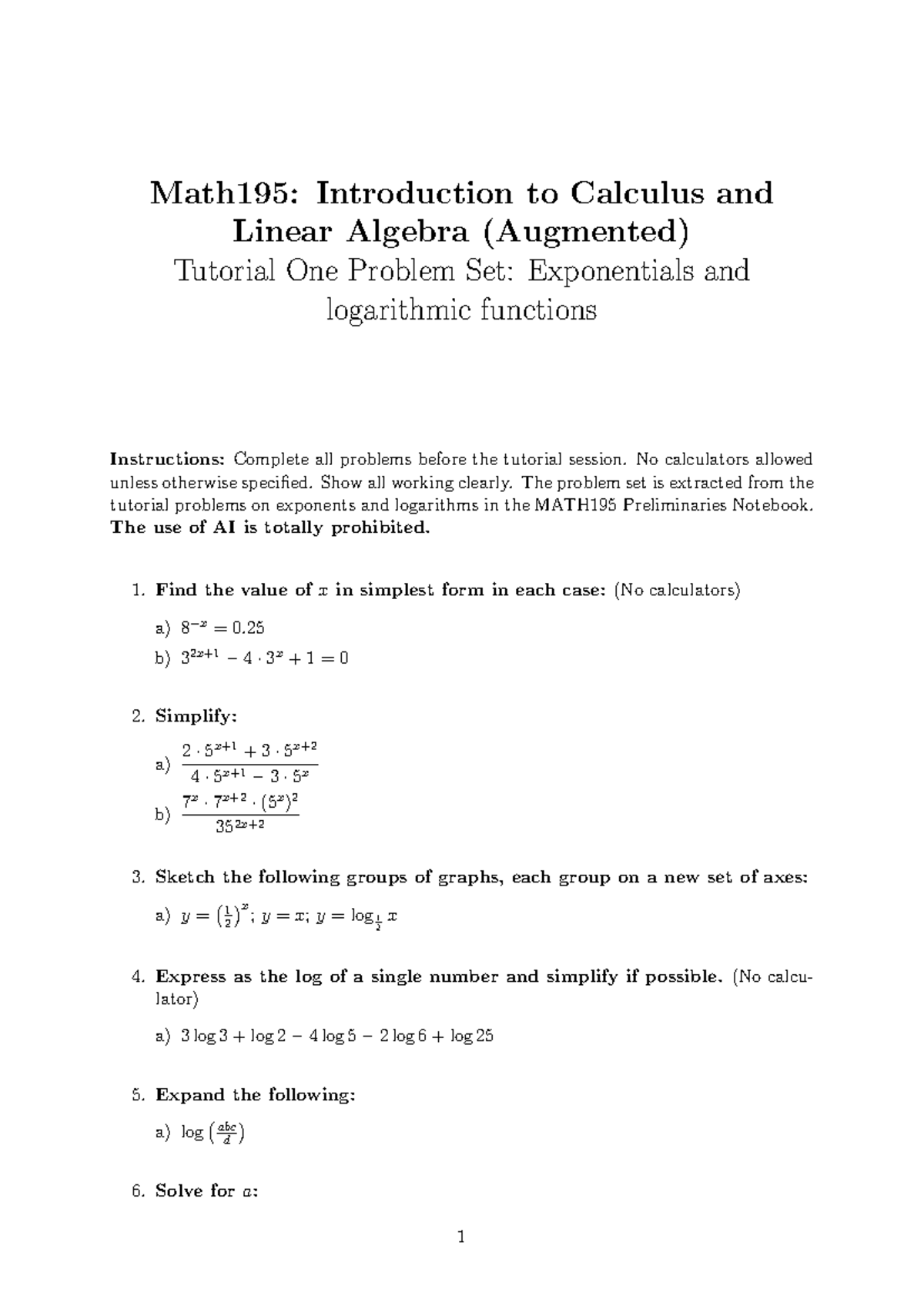 MATH195: Tutorial 1 Problem Set on Exponentials & Logarithms - Studocu