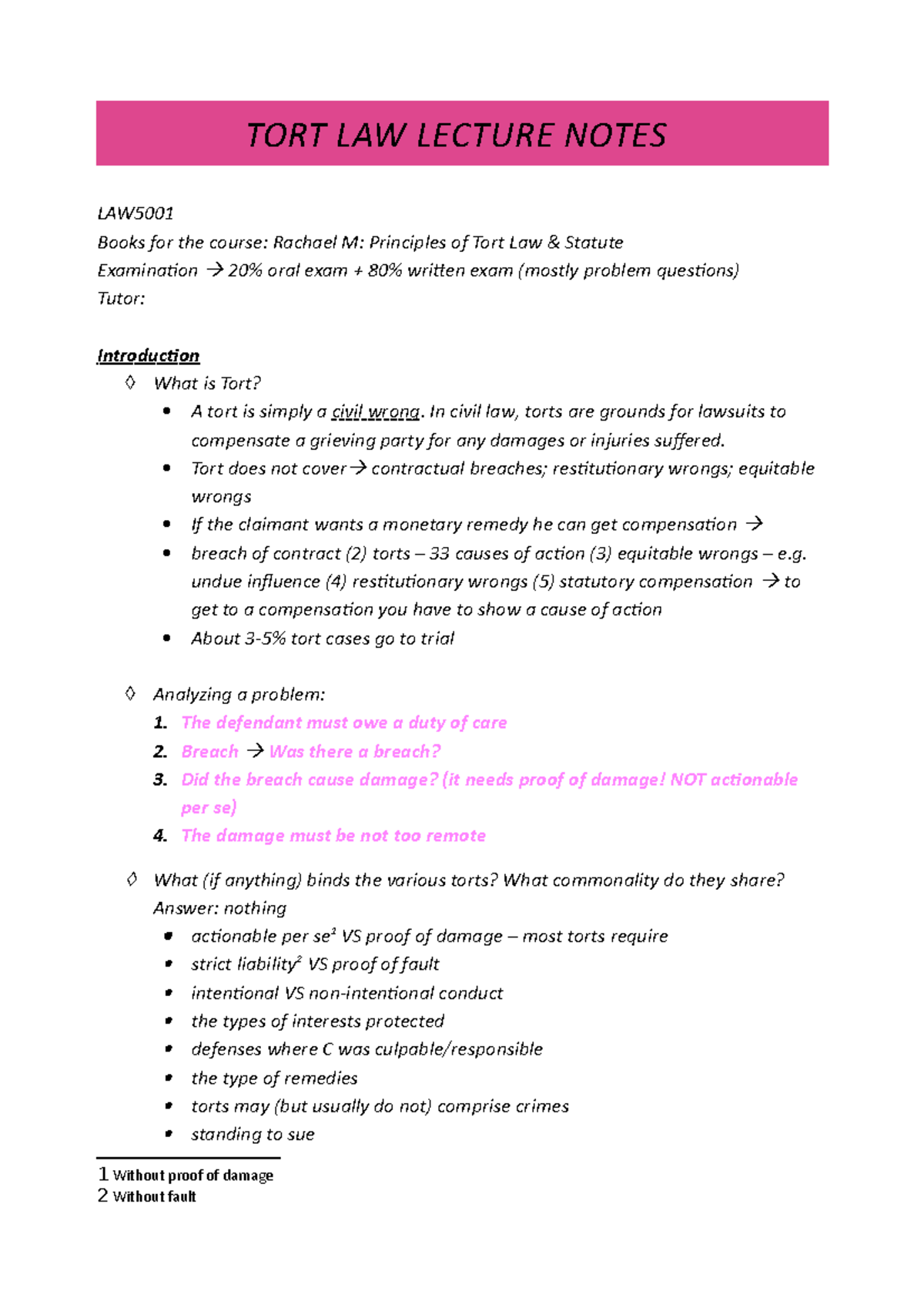 TORT LAW (LAW 101) Lecture Notes: Understanding Civil Wrongs and ...