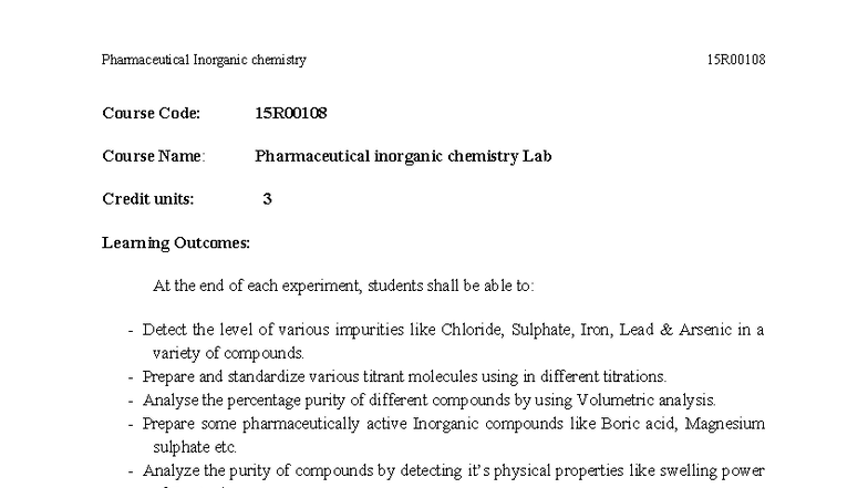 Pharmaceutical Inorganic Chemistry Lab Manual 15R00108 - Studocu