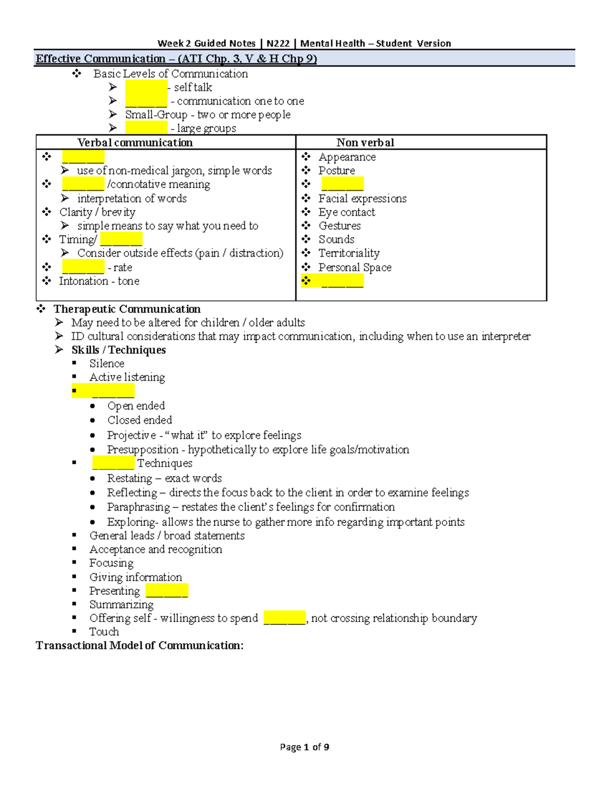 Week 2 Guided Notes: Mental Health Communication & Cultural Competence ...