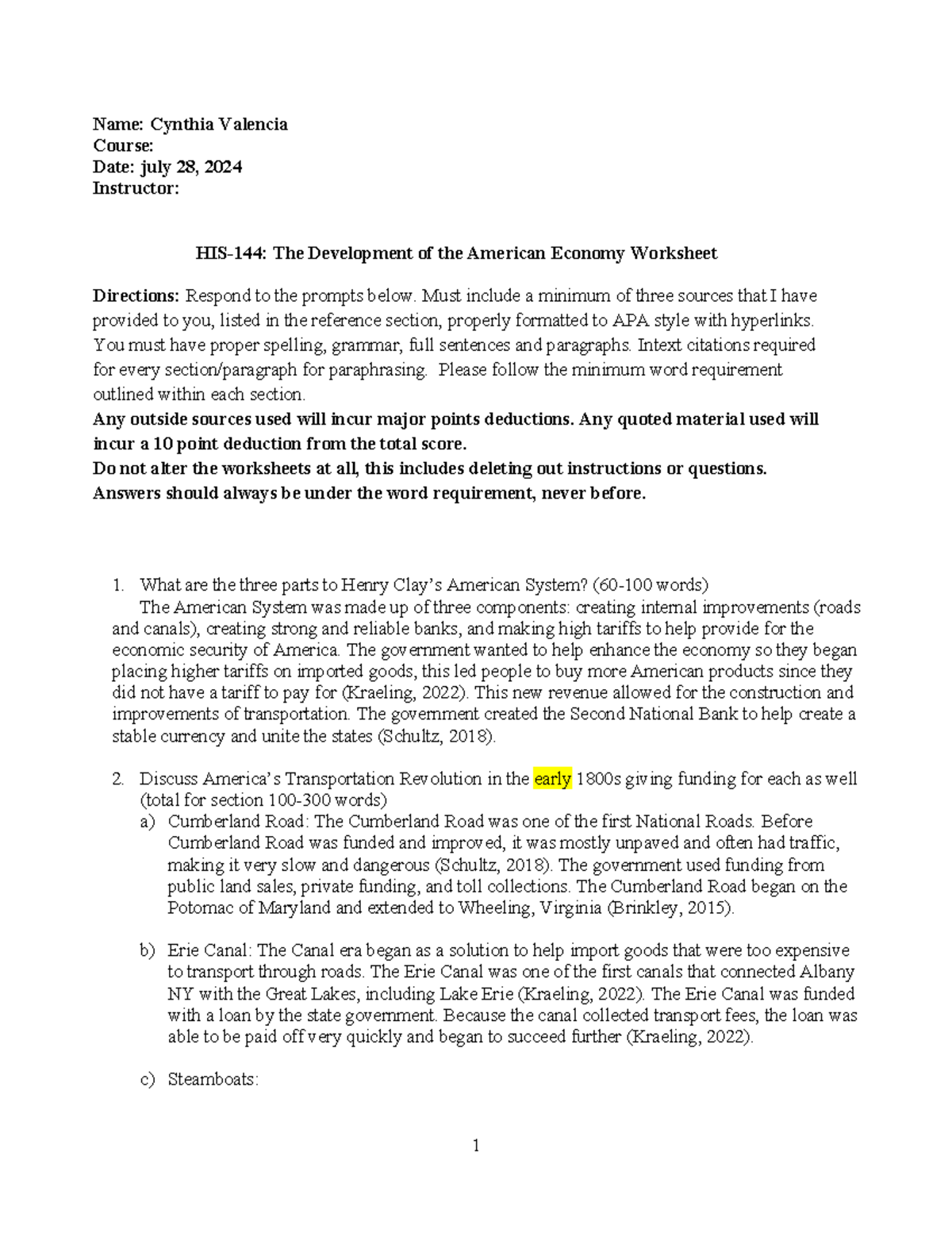 HIS-144 Final Exam: Adjusted Worksheet on American Economy Development ...