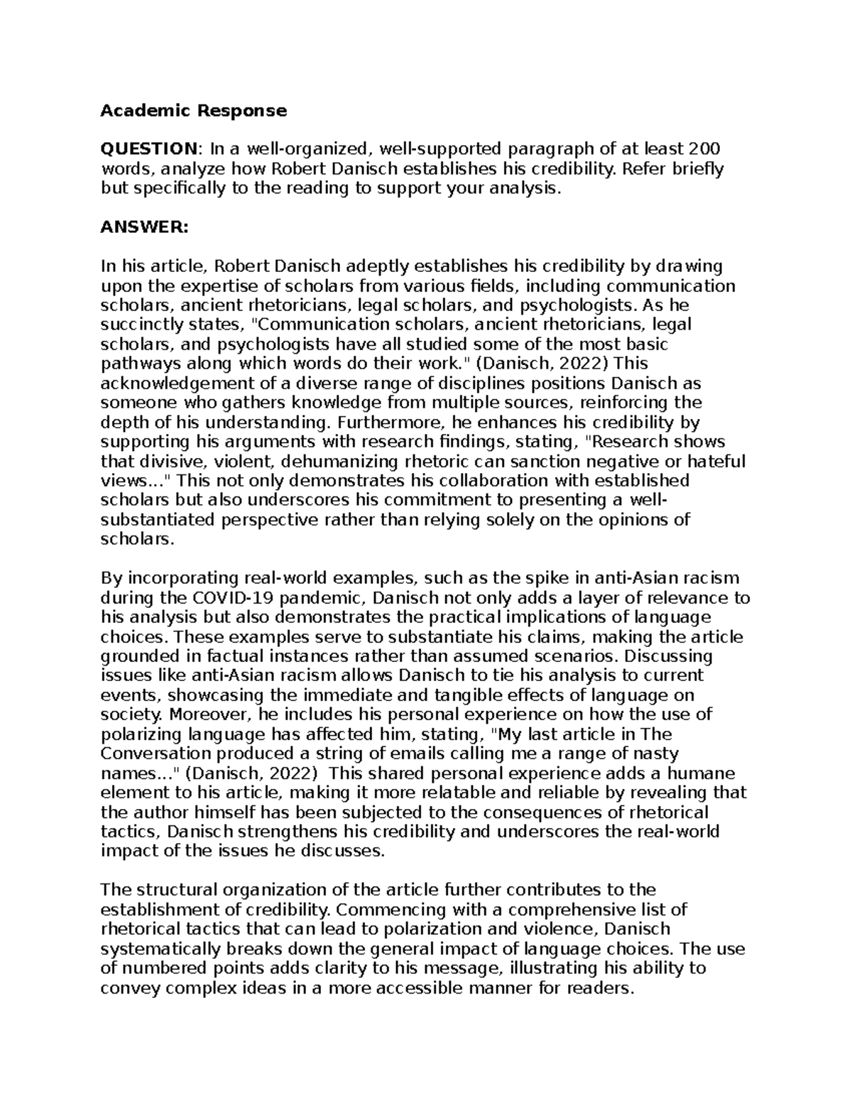 Final Exam Analysis: Establishing Credibility in Danisch's Work - Studocu