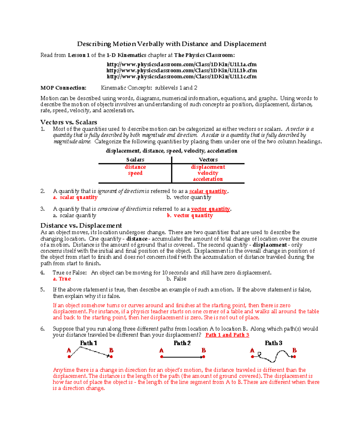 1-D Kinematics Notes Packet: Distance, Displacement, and Acceleration ...