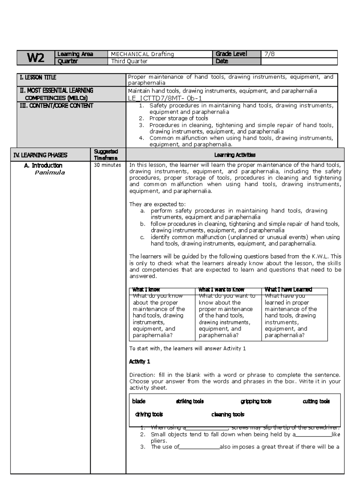 TLE Technical Drafting 7-8 week2 - W 2 Learning Area MECHANICAL ...