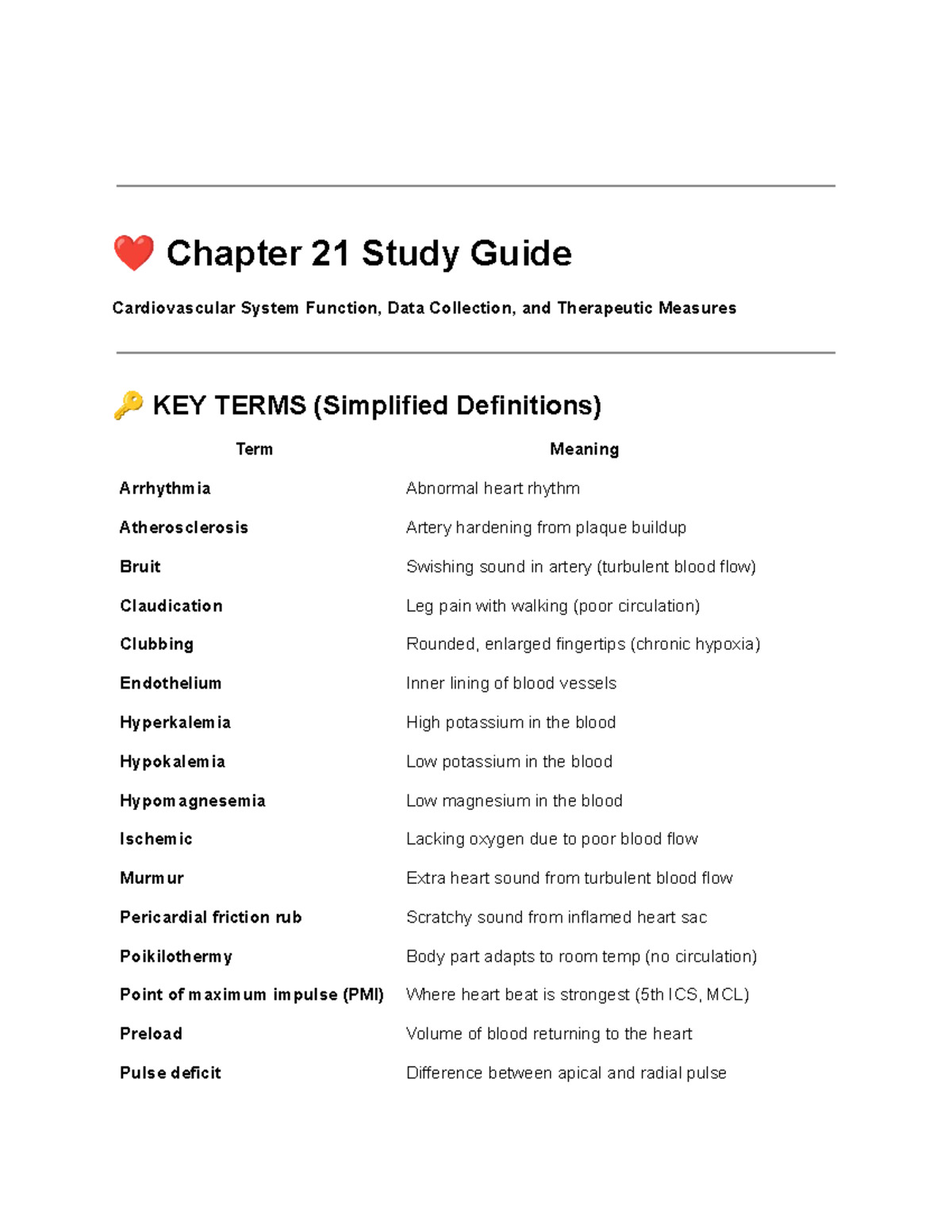Chapter 21 Study Guide: Cardiovascular System Function & Care - Studocu