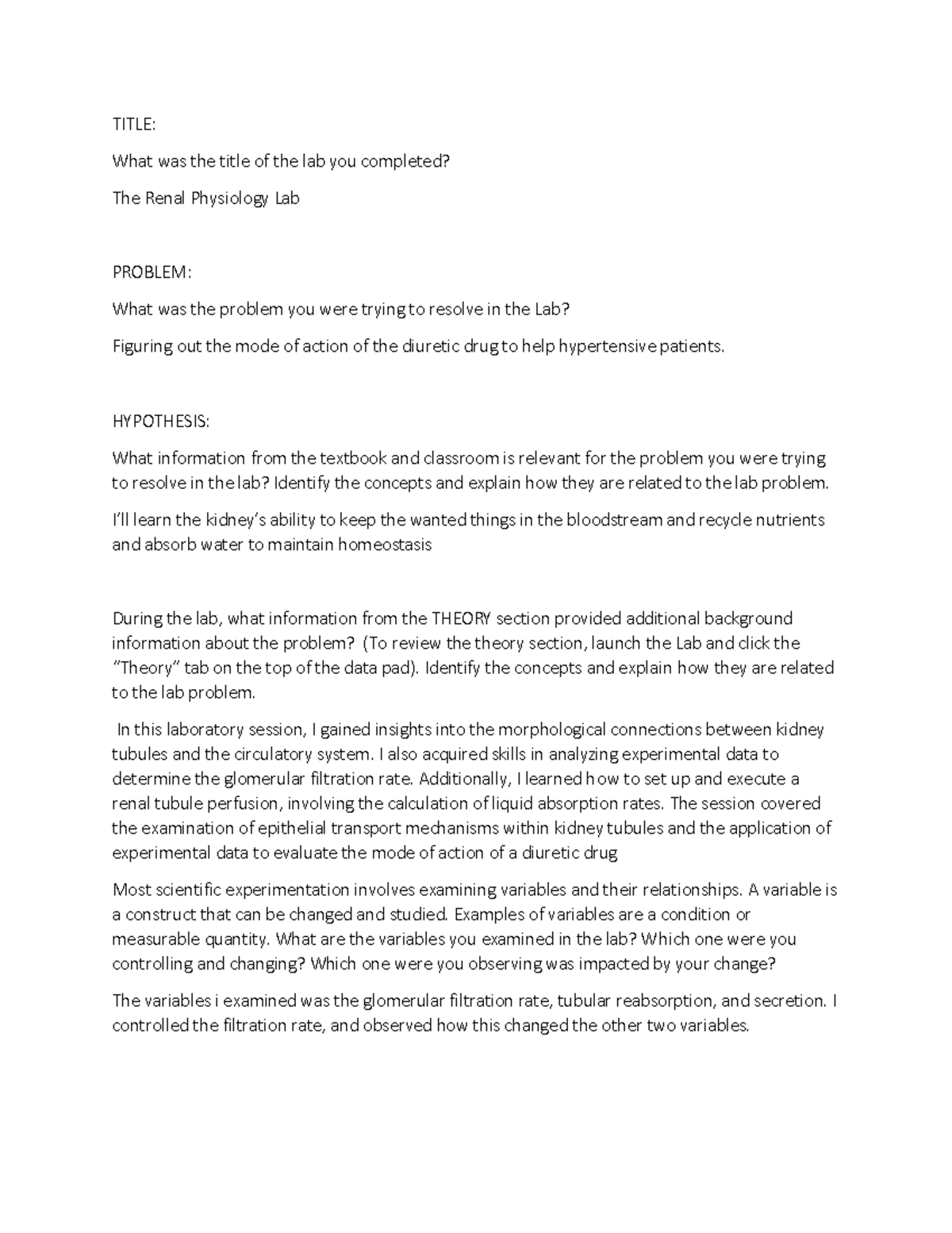 Anatomy 2 week 5 renal lab report - TITLE: What was the title of the ...