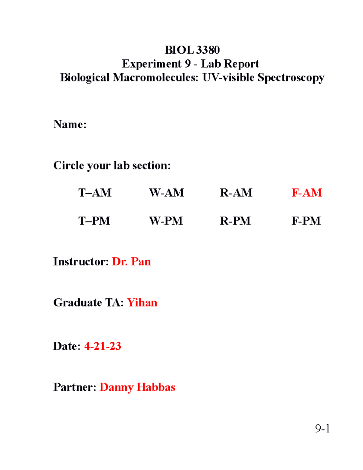 Lab 9 Spec Lab Report S23 - BIOL 3380 Experiment 9 - Lab Report ...