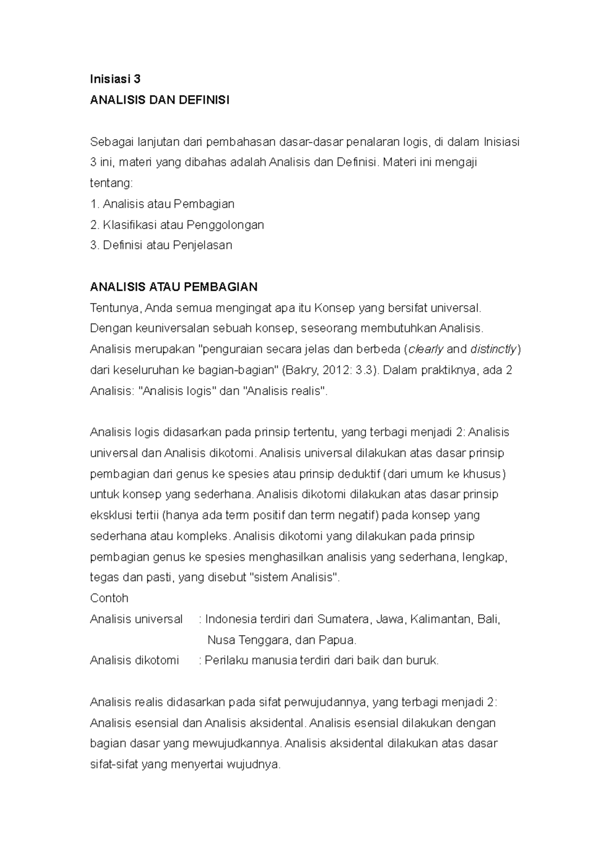 Inisiasi 3: Materi tentang Analisis, Klasifikasi, dan Definisi - Studocu