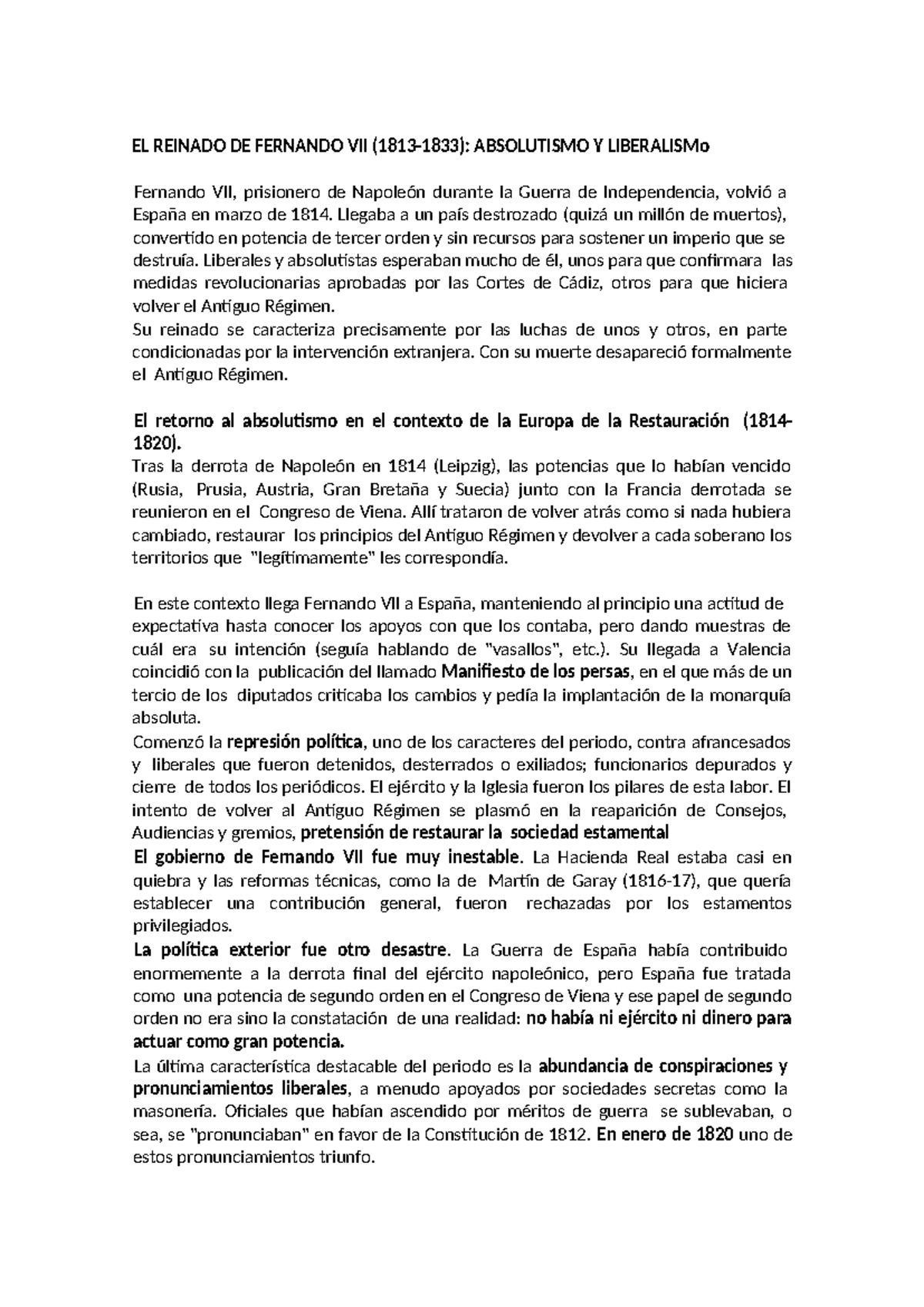 EL REINADO DE FERNANDO VII: ABSOLUTISMO Y LIBERALISMO (1814-1820) - Studocu