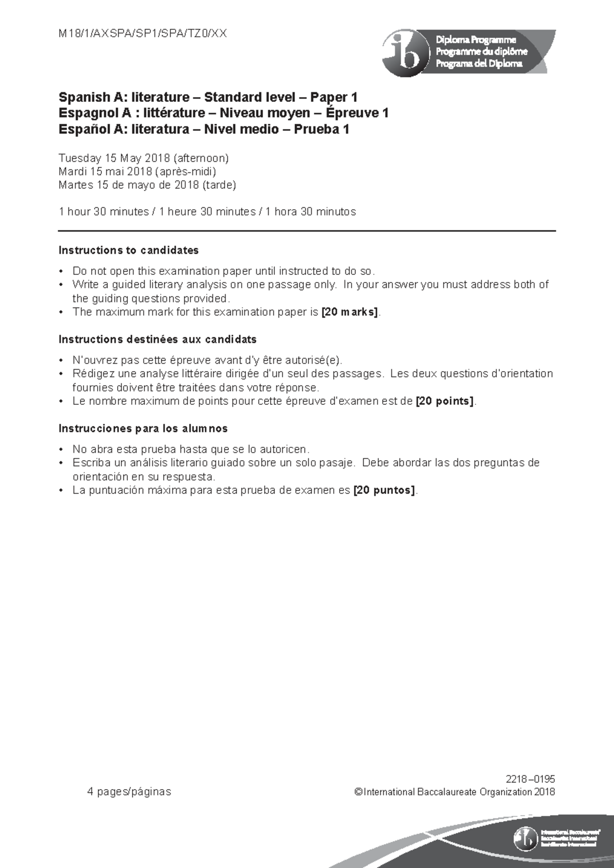 Spanish A: Literature SL Paper 1 Guided Analysis - May 15, 2018 - Studocu