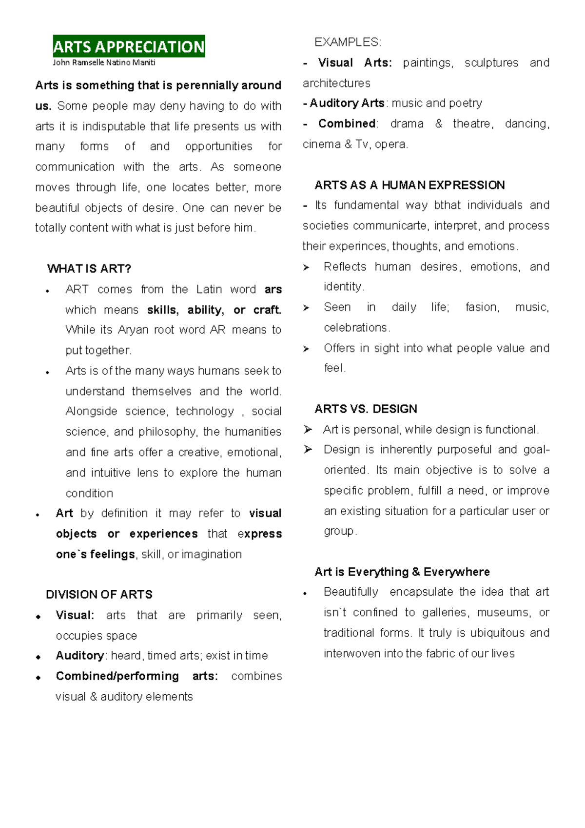 ARTS- Appreciation - Prelims: Exploring Visual and Auditory Arts - Studocu