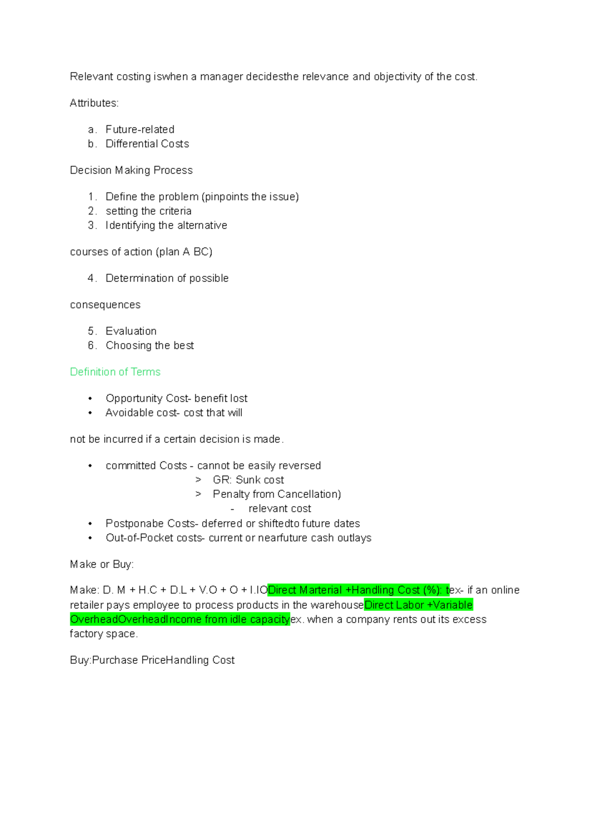 Relevant Costing: Decision-Making Process & Key Concepts (INB 799) - Studocu