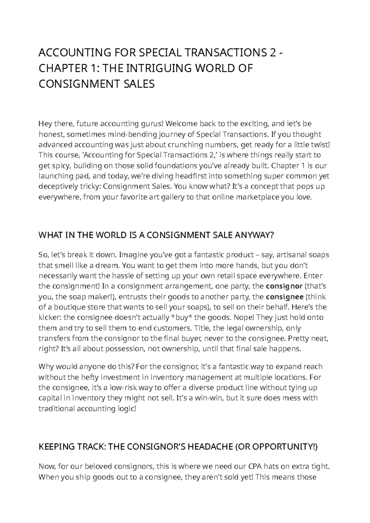 ACCOUNTING FOR SPECIAL TRANSACTIONS 2: CH 1 - CONSIGNMENT SALES ...
