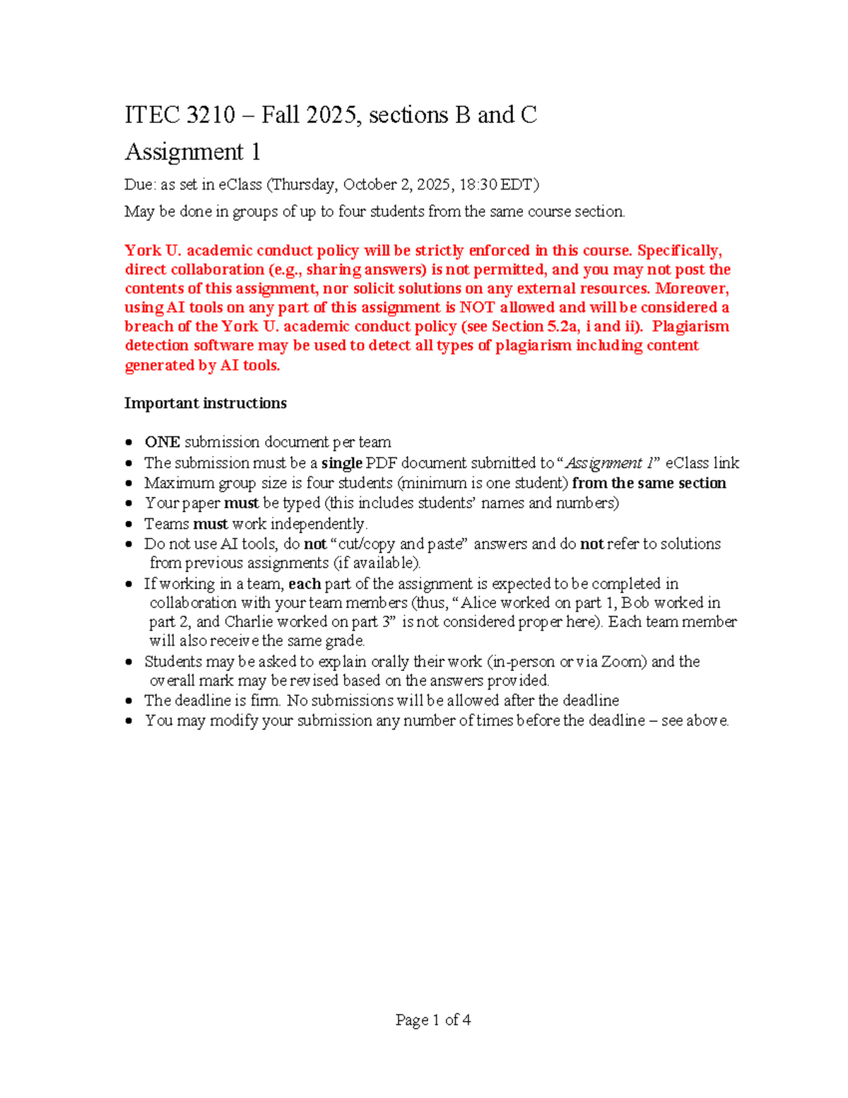 ITEC 3210 Assignment 1 (Sections B & C) - Fall 2025 Guidelines - Studocu