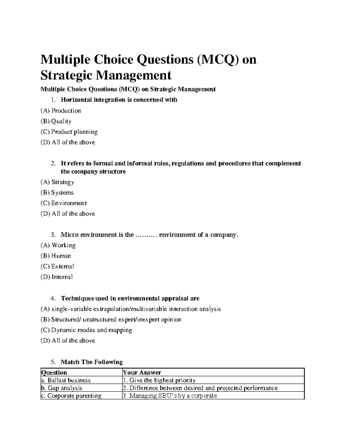 BUS 410 Question BANK - Multiple Choice Questions (MCQ) on Strategic Management Multiple Choice ...