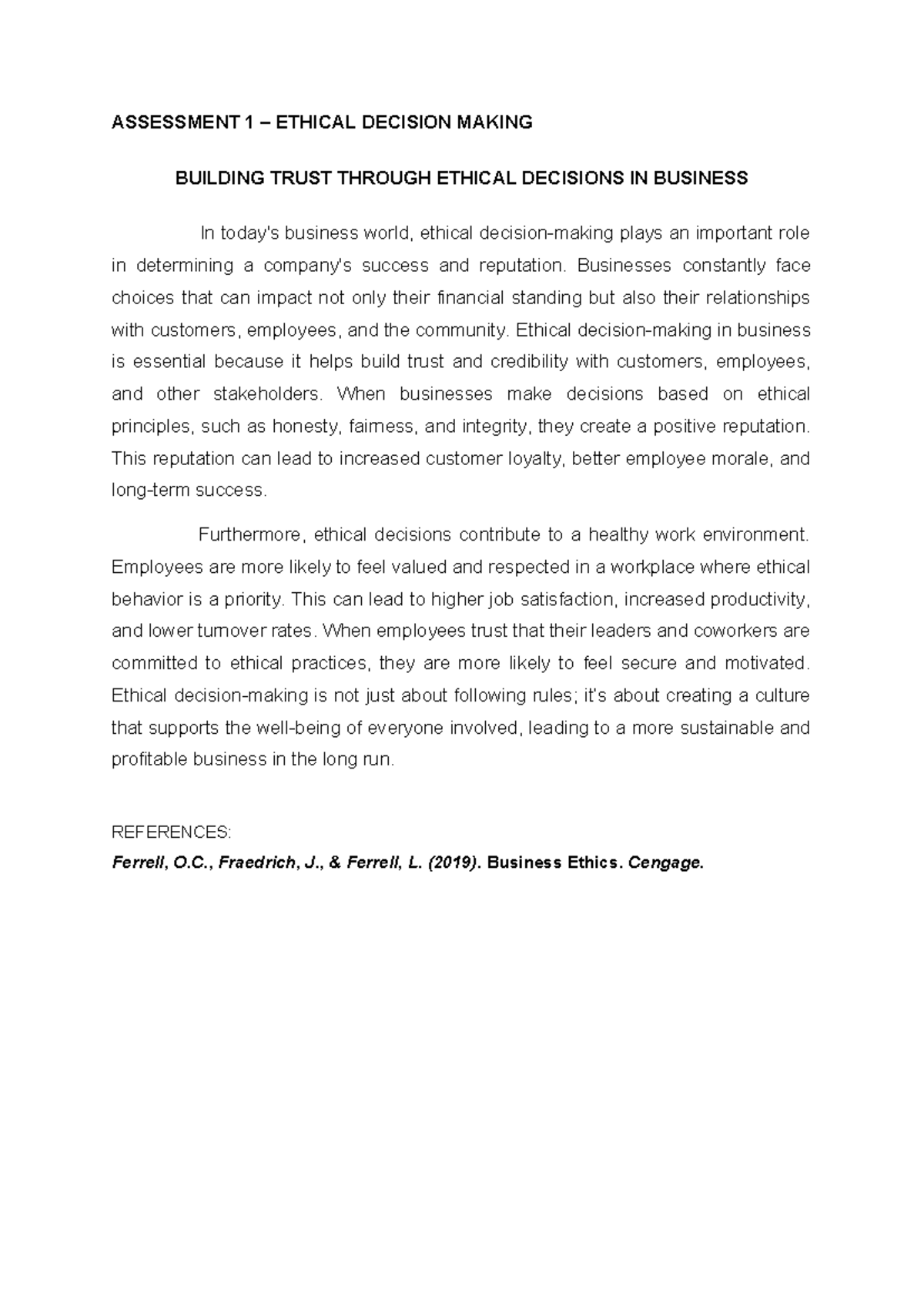 Assessment 1: Ethical Decision Making in Business - Building Trust ...
