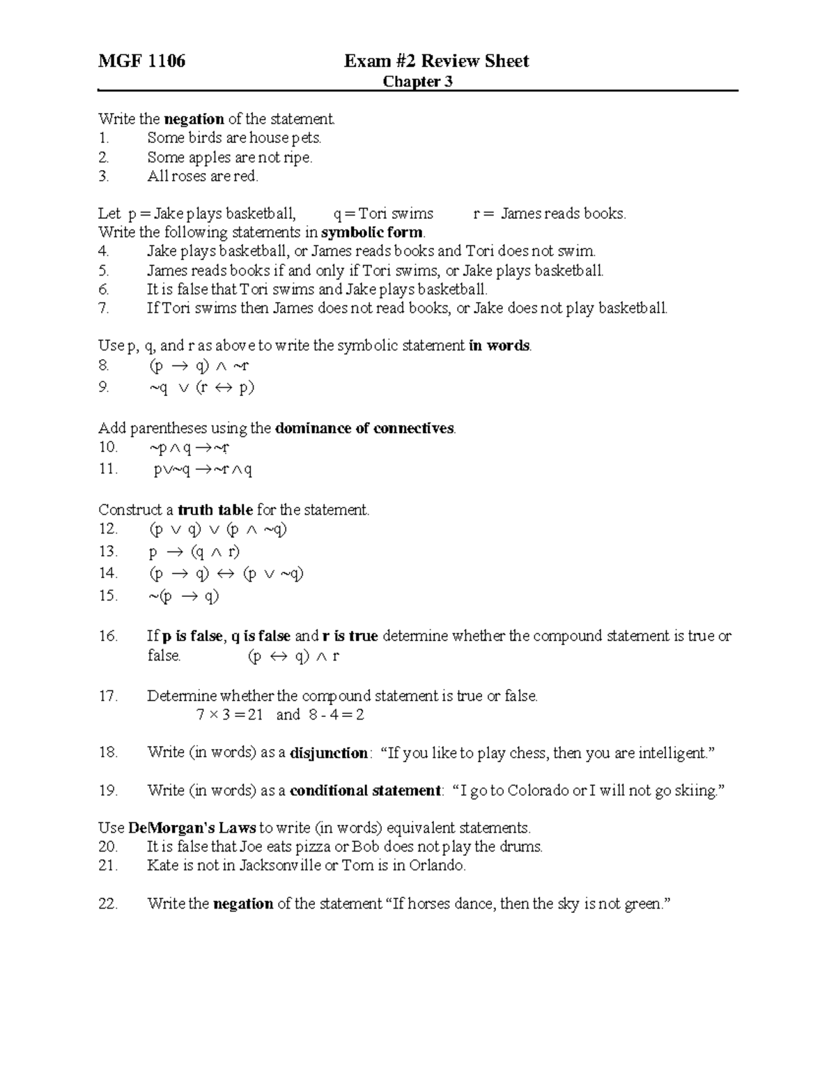 MGF 1106 Exam #2 Review Sheet: Negation & Symbolic Logic Concepts - Studocu