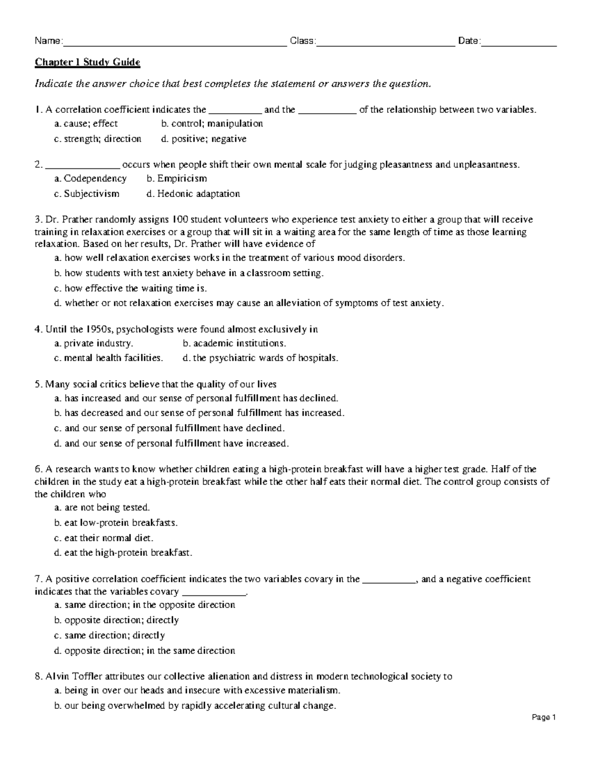 Chapter 1 Quiz Study Guide - Chapter 1 Study Guide Indicate the answer ...