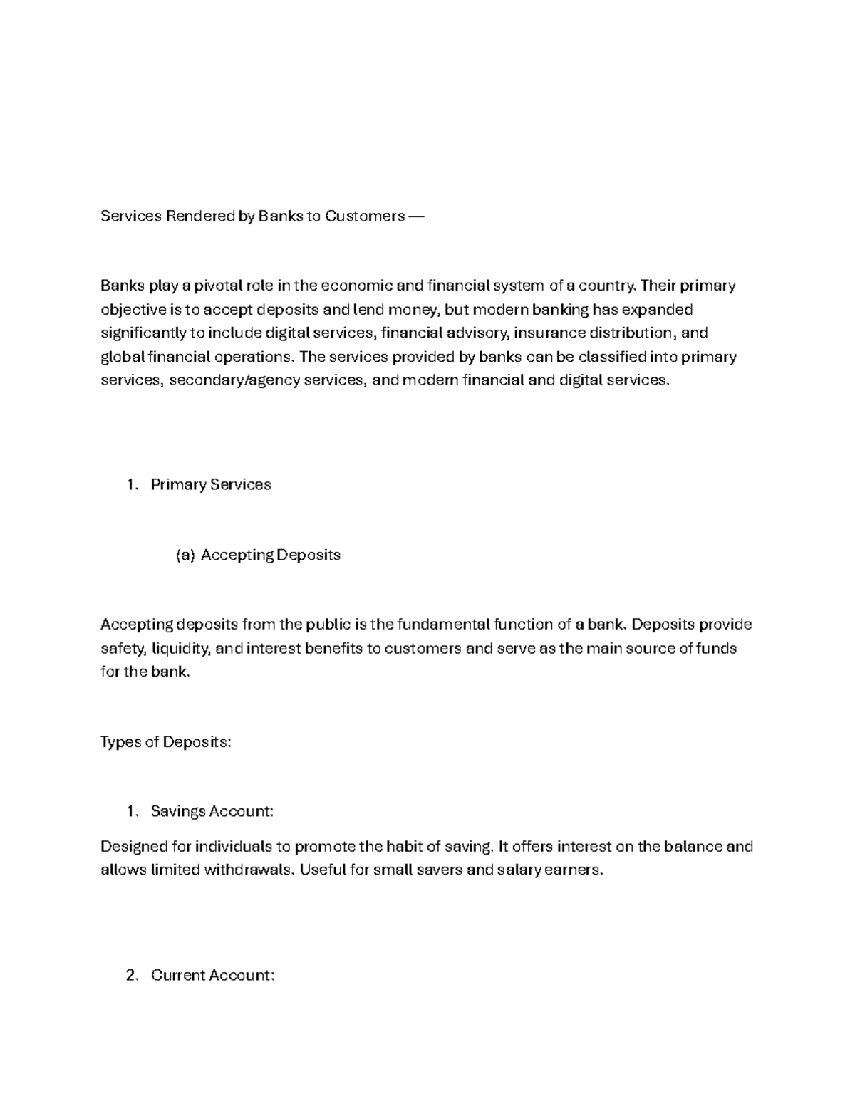 Services Rendered by Banks to Customers: A Comprehensive Overview - Studocu