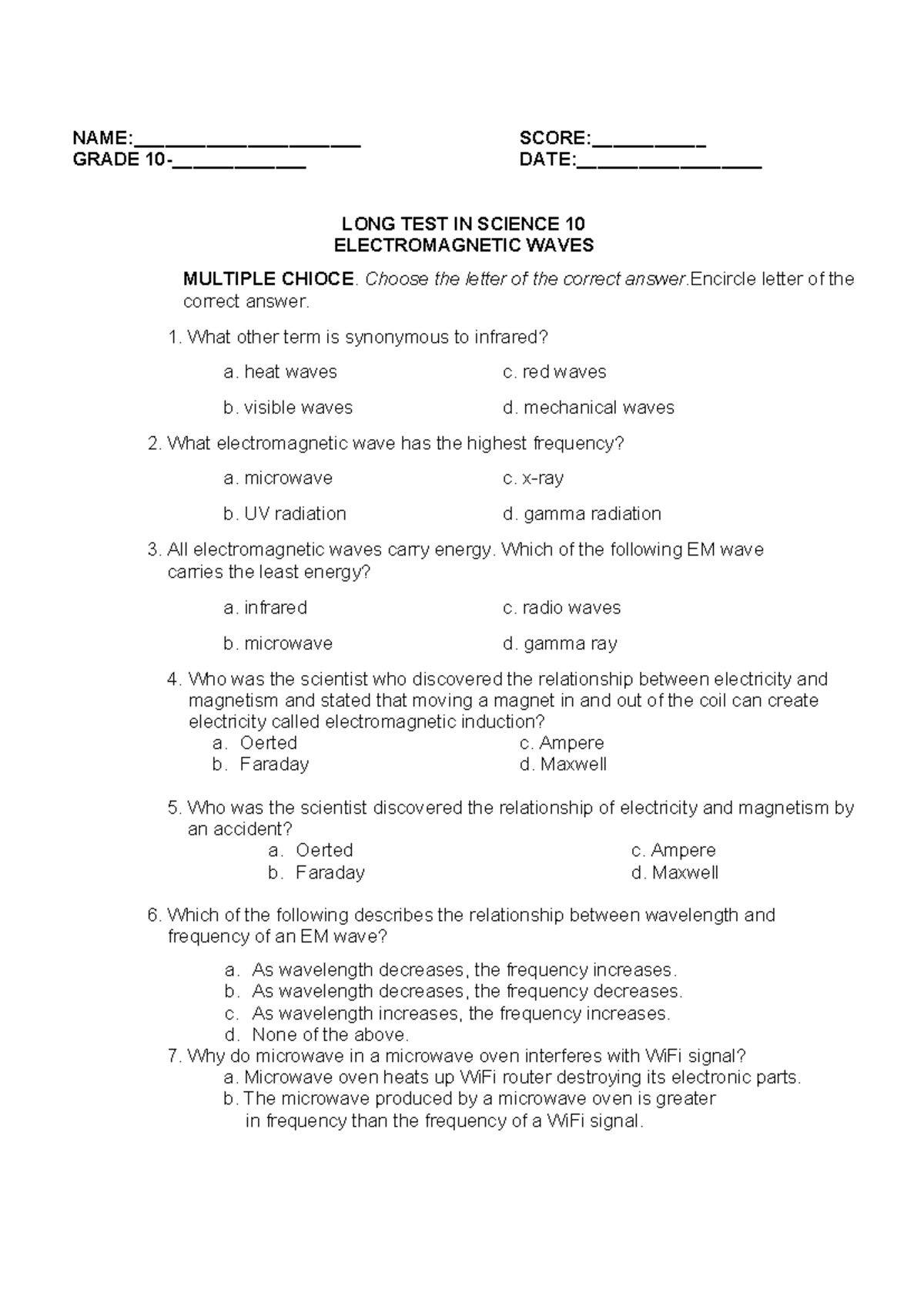 GRADE 10 SCIENCE LONG TEST: ELECTROMAGNETIC WAVES MCQ - Studocu