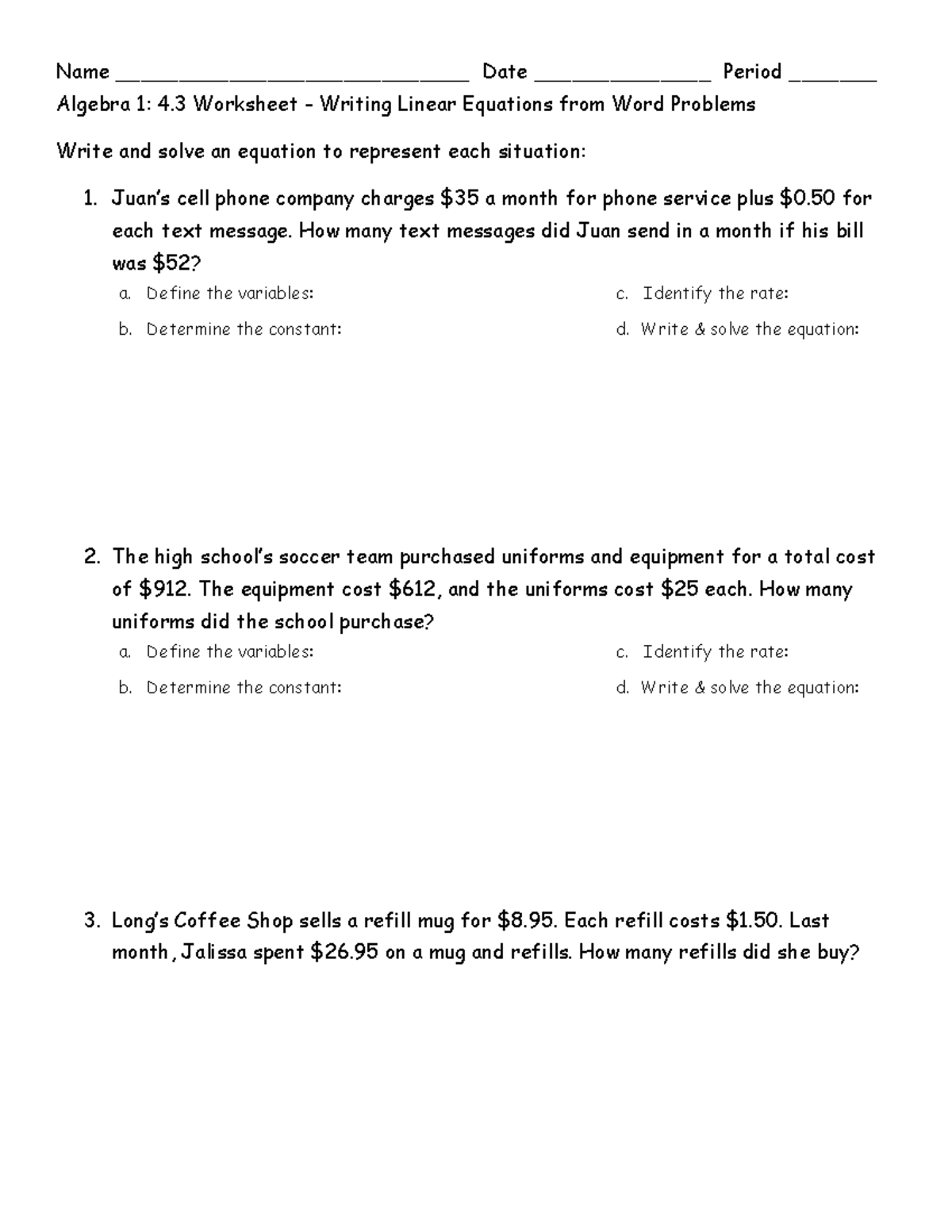 M4.3 Worksheet - Writing Linear Equations from Word Problems - Juan’s ...