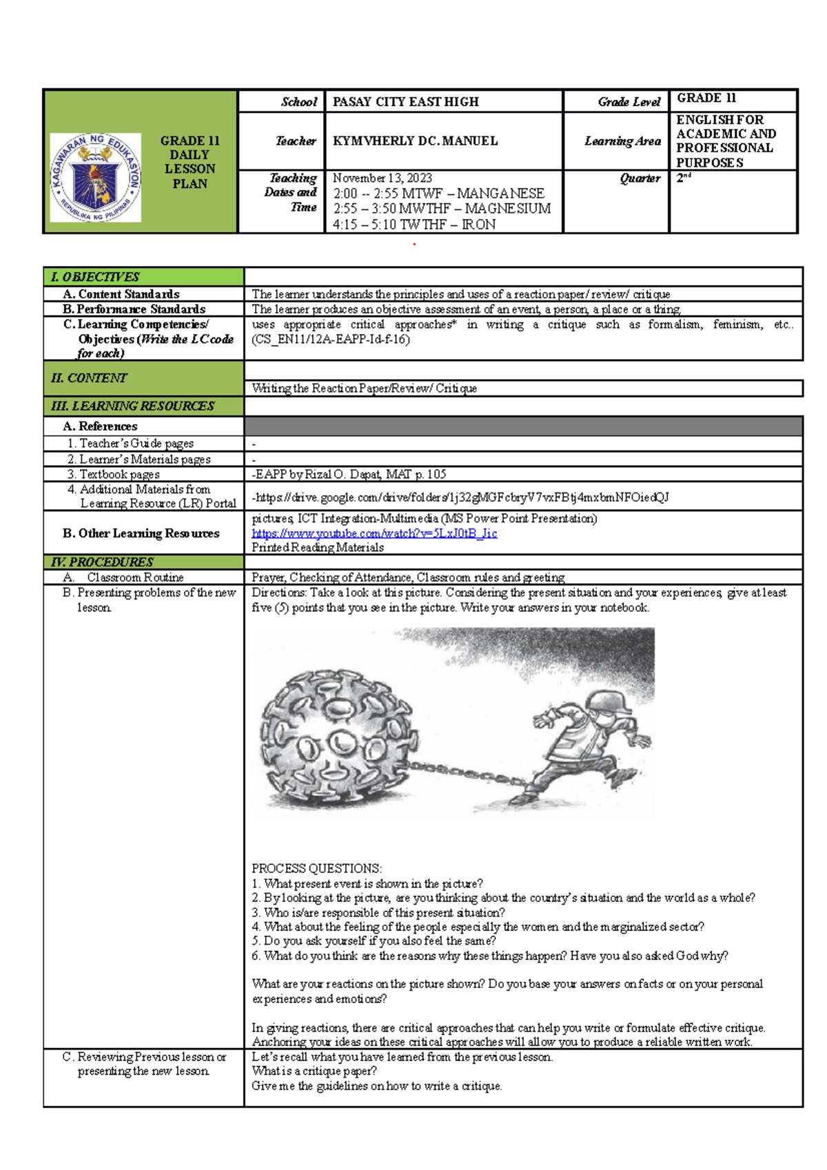 EAPP-11 Lesson Plan: Writing a Critique Using Critical Approaches - Studocu