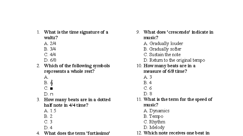 Music Theory Quiz: Time Signatures & Dynamics (MUS101) - Studocu