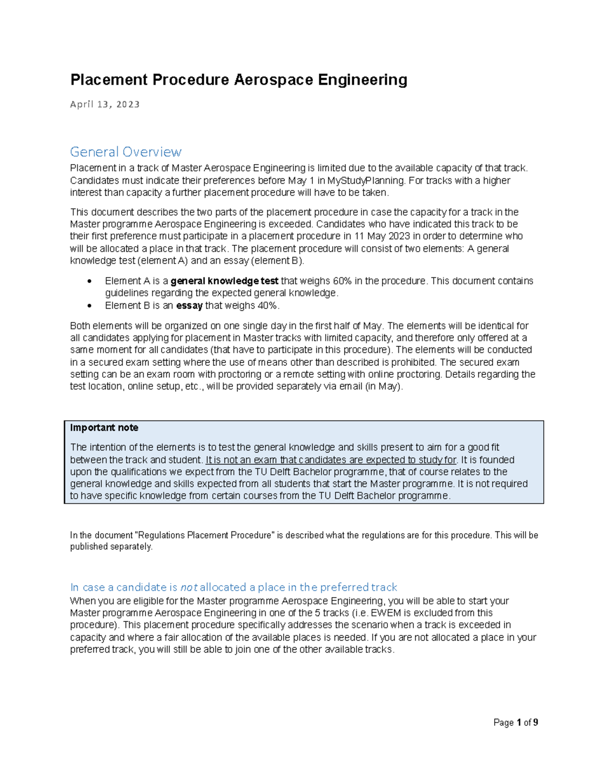 Placement Procedure for Master in Aerospace Engineering (AE) 2023 ...