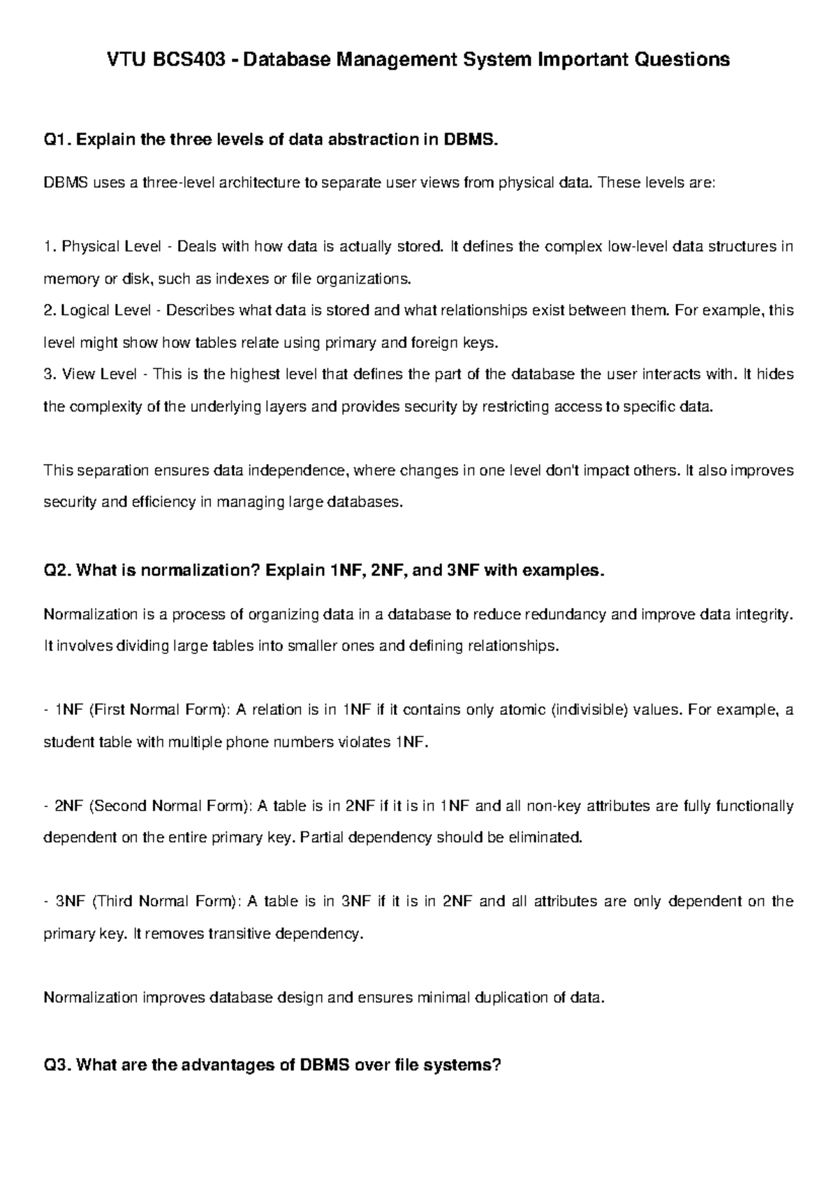 VTU BCS403 DBMS Important Questions & Concepts Explained - Studocu