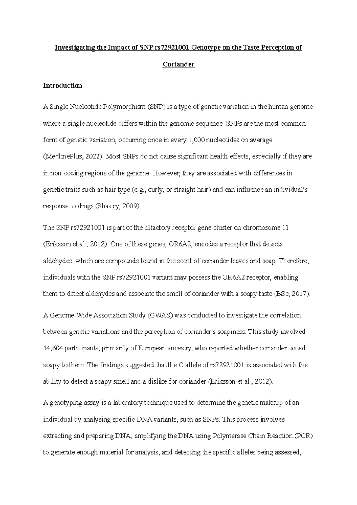 Coriander Taste Perception and SNP rs72921001: A Practical Report (HGPM ...
